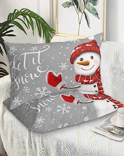 Edwiinsa Christmas Snowman Pillow Covers Standard Size Set of 2 Bed Pillow, Winter Red Snowflake Grey Plush Soft Comfort for Hair/Skin Cooling Pillowcases with Envelop Closure 20x26 Inches