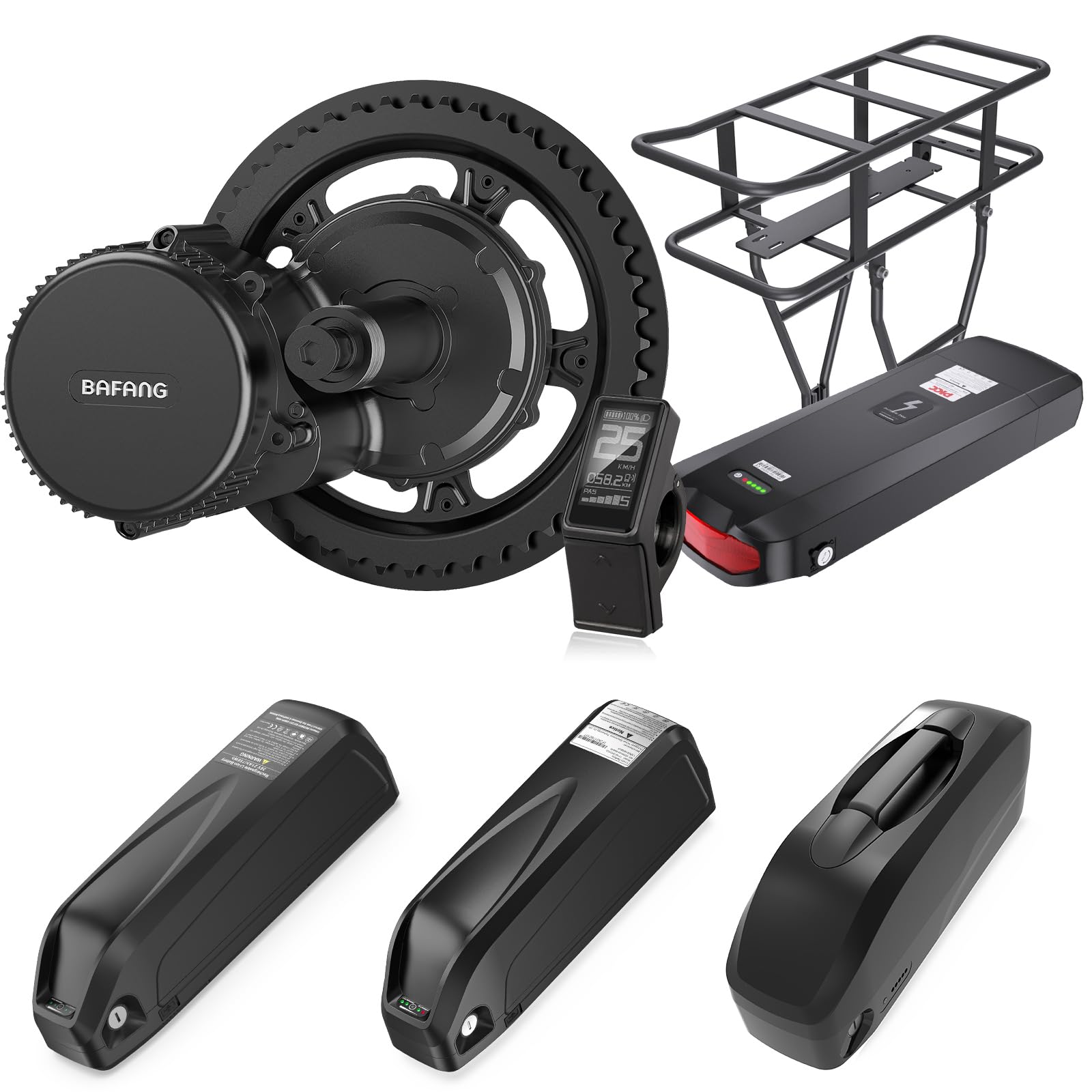 BAFANG Electric Bike Motor Kit Mid Drive BBS02B 48V 500W Bicycle Conversion Kit Ebike fit with BB68-73mm MTB Commuter Bikes with Optional Hailong Shark battery & Rear Rack Battery with Charger