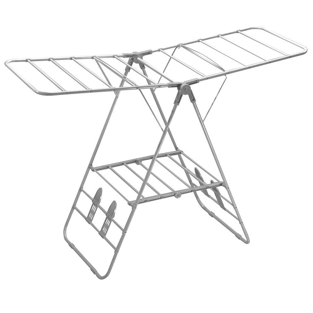 Foldable Clothes Drying Rack with Shoe Drying Area by Home Basics | Powder Coated Steel, Collapsible Design with Shelf, Ample Drying Space | Expands on Both Sides