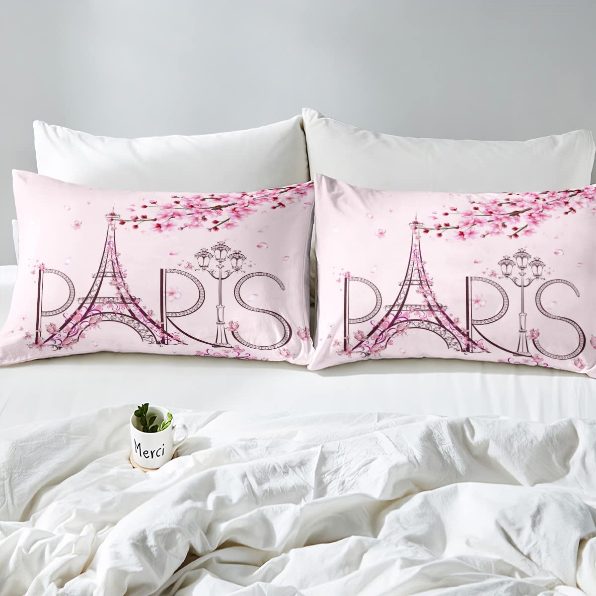 Eiffel Tower Sheet Set Twin,Peach Blossom Pink Bedding Set for Kids Teens Girls Boys,Paris Cityscape Romantic Theme Bed Sheet Set 3pcs with Deep Pocket Fitted Sheet + Flat Sheet + 1 Pillowcase