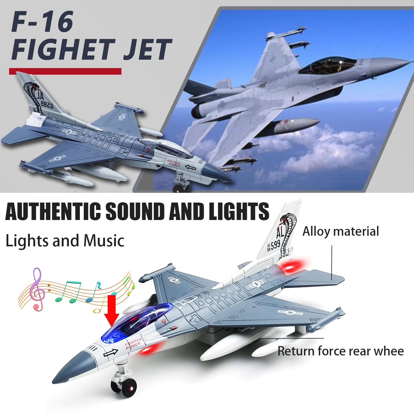 Lynkaye F-16 Fighting Falcon Thunderbirds Toy Army Air Force Military Airplane Model Kit with Fun Lights and Sounds (Bright White)