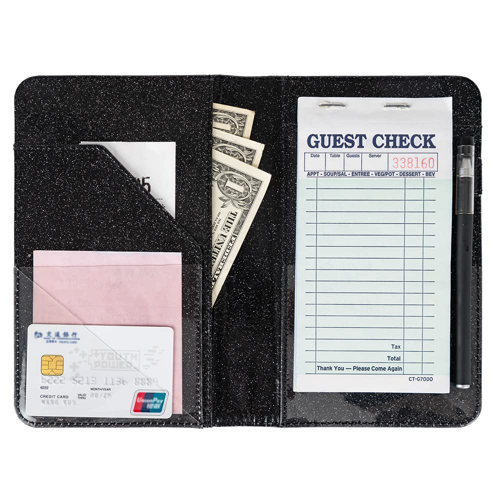 Glitter Server Book for Waitress,Restaurant Server Book for Waiter,Guest Check Serving Book with Pen Holder for Waiter Server Wallet(5x8 Black)