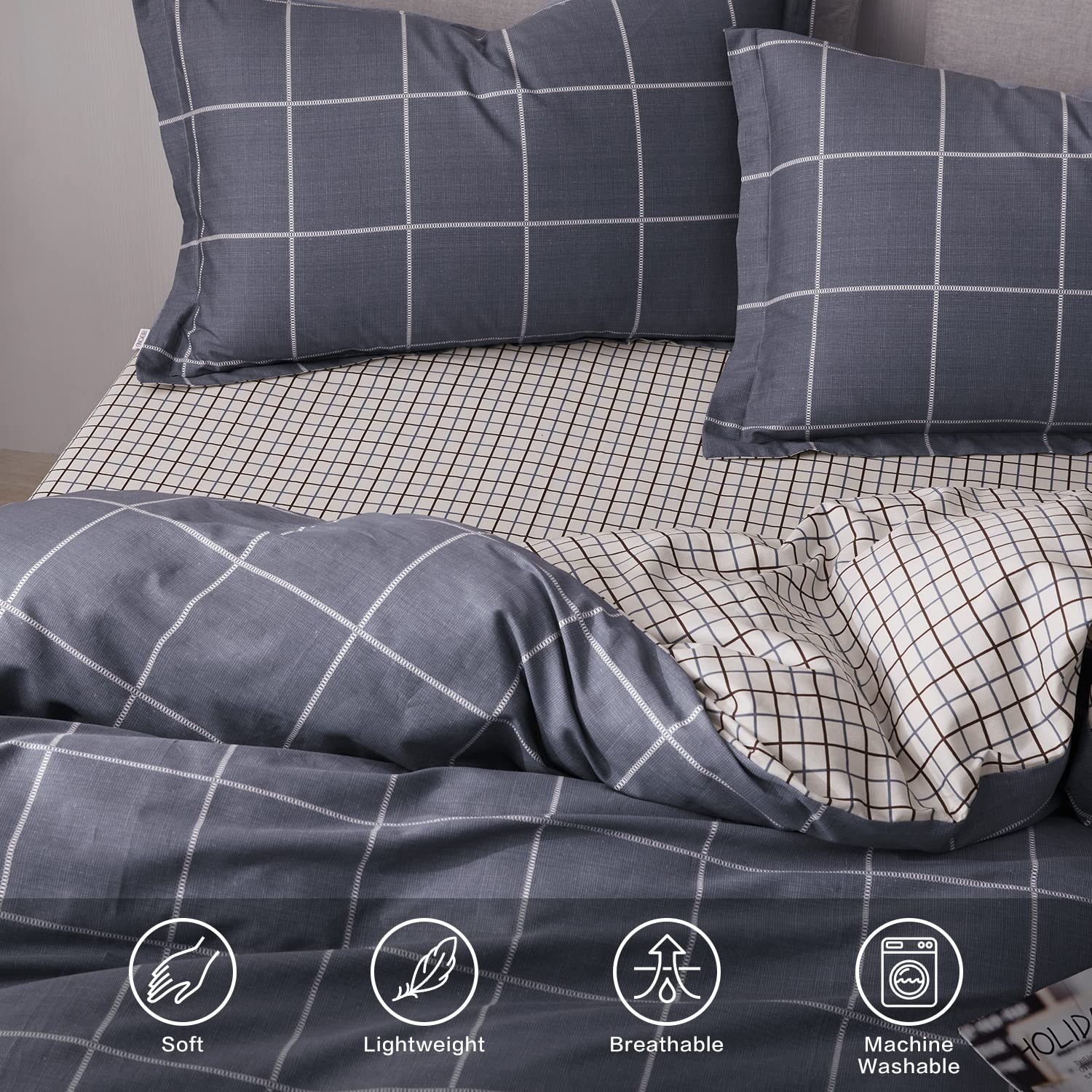 SAPHREAS Gray Plaid Duvet Cover Set Queen Size 3pcs Dark Grey Grey Geometric Grid Cotton Bedding Comforter Cover Set 1 Quilt Cover 2 Pillow Shams