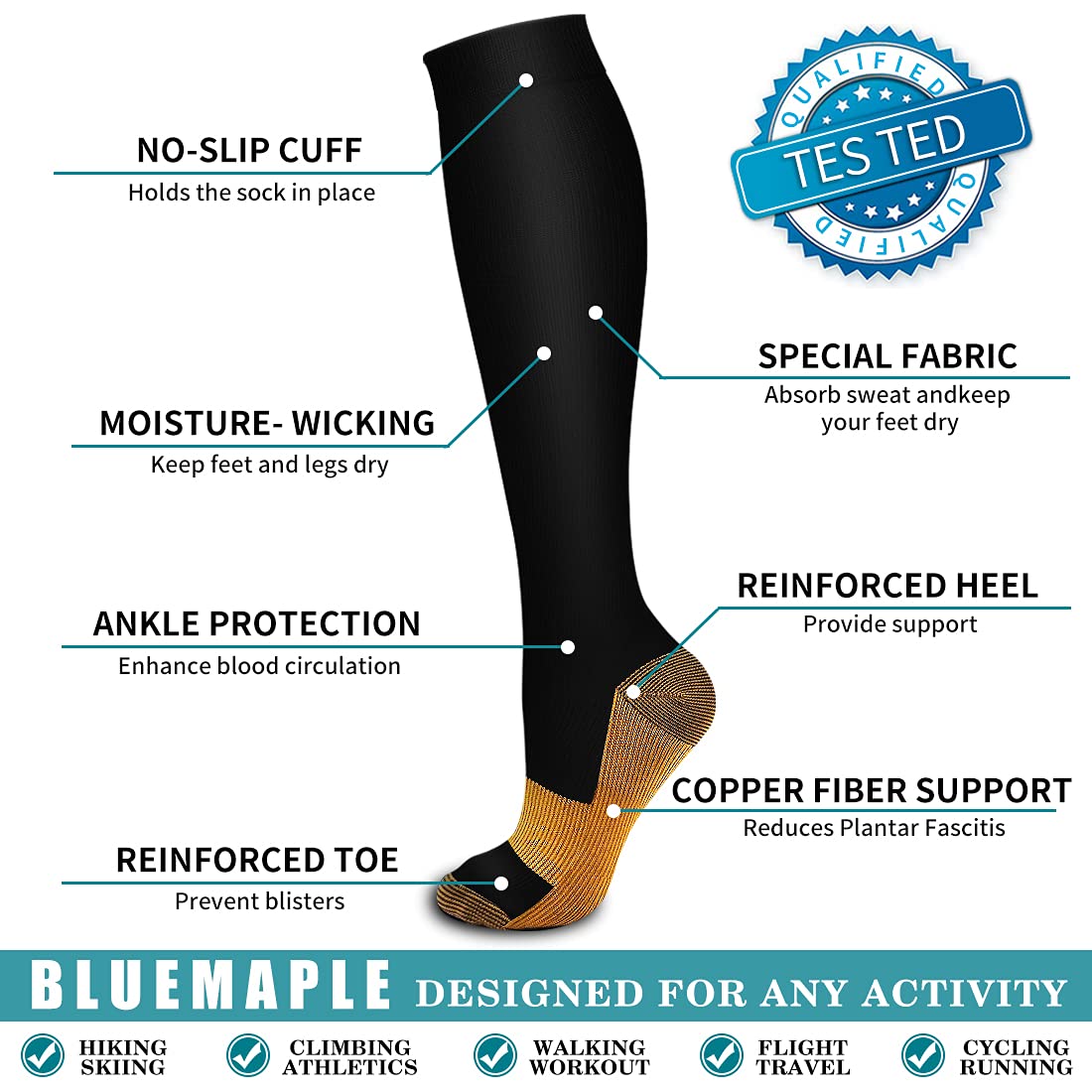 Bluemaple Copper Compression Socks For Women & Men Circulation (8 Pairs) - Best for Running,Hiking, Cycling,Travel,Pregnancy