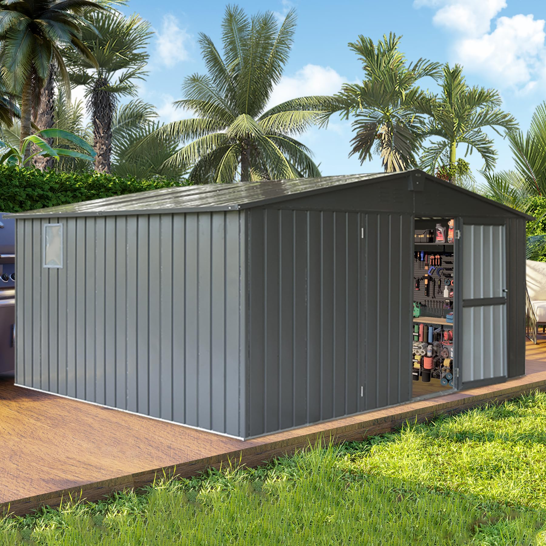 Domi 11x12.5FT Outdoor Storage Shed, Large Size Metal Outdoor Storage Cabinet with Lockable Doors, Windows, Galvanized Steel Storage House for Backyard, Patio, Garden, Lawn, Grey
