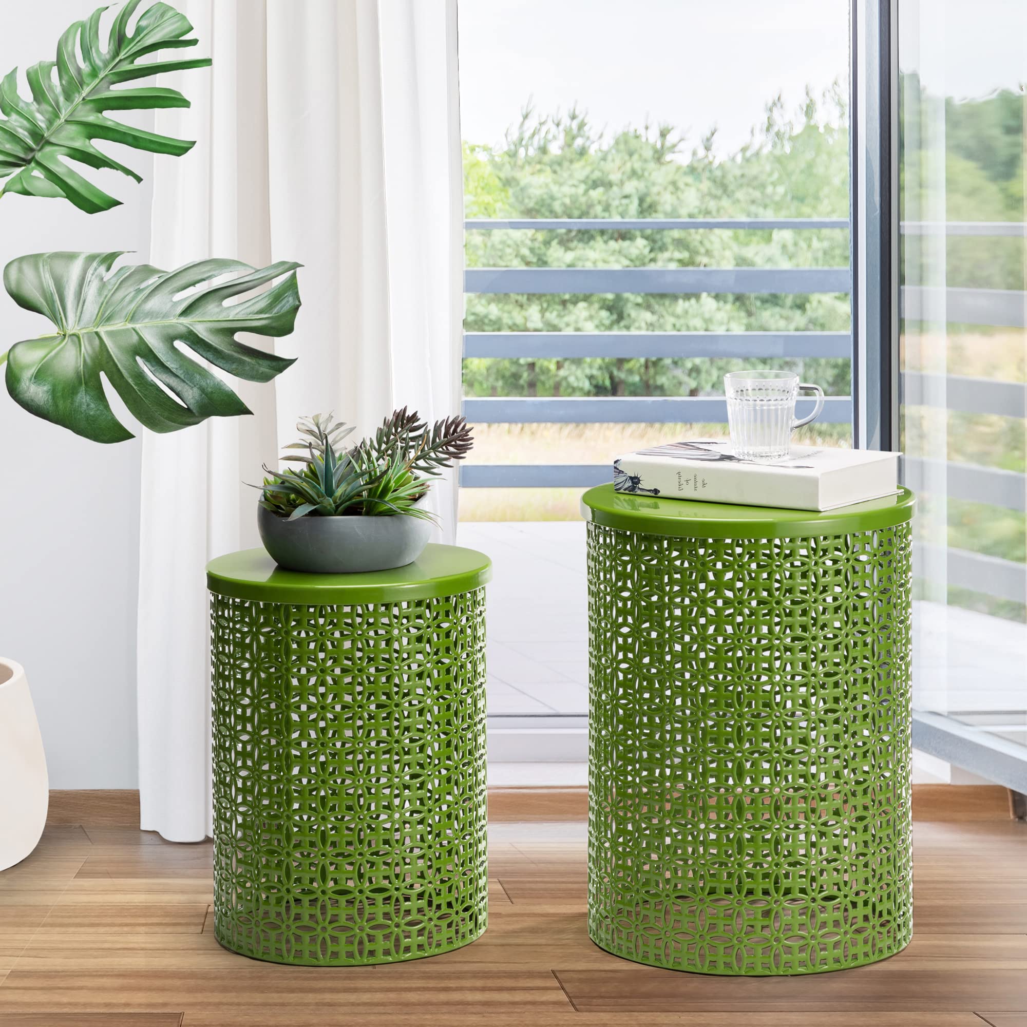 Glitzhome Outdoor Side Table Set of 2, Decorative Garden Stool for Indoor Outdoor Heavy Duty Metal Frame Accent Table Modern End Table, Glossy Green