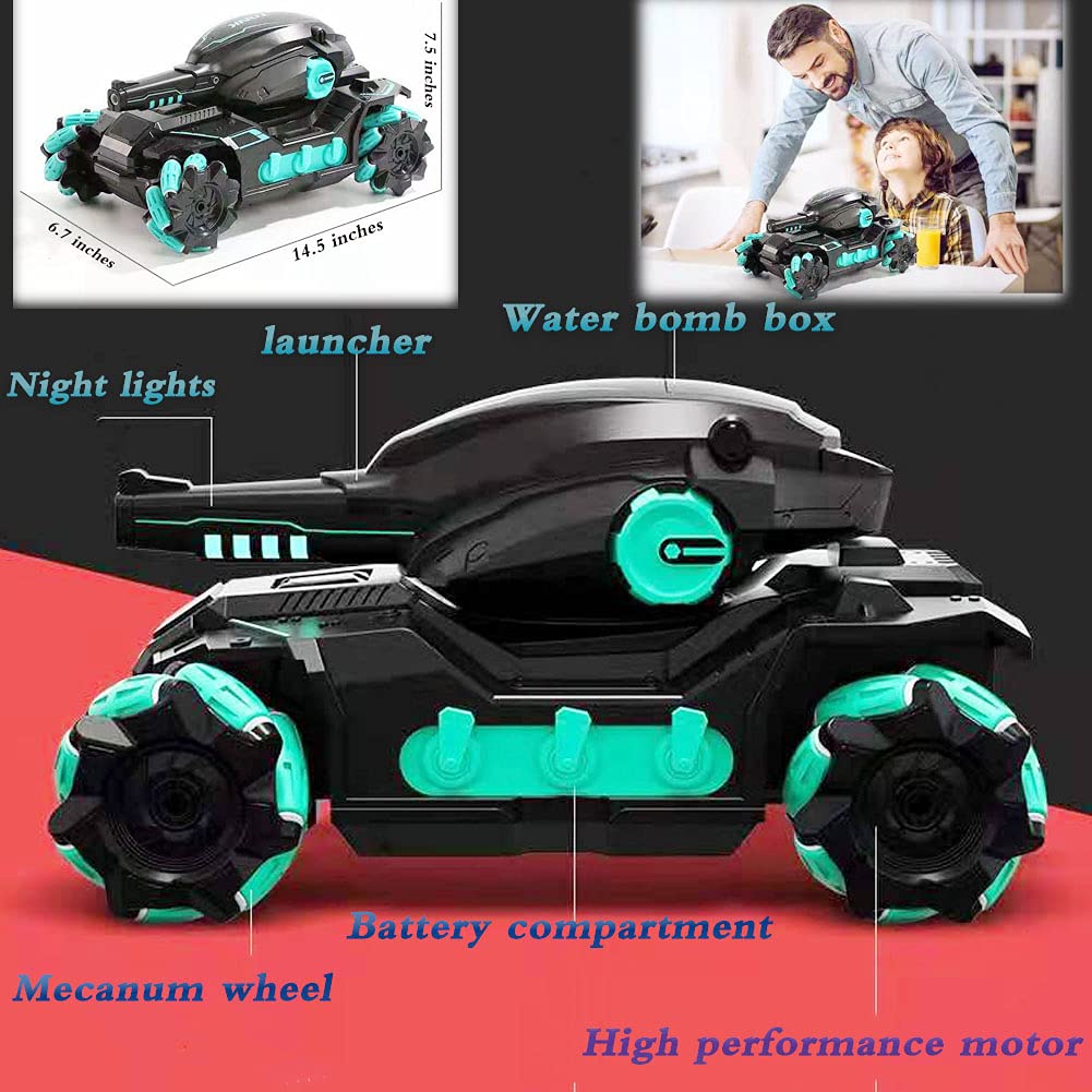 Xximuim RC Tank Car, 2.4G Electric Watch Remote Control Water Bomb Tank car Stunt Multiplayer Battle Toy Car, Can Drift Horizontally, 360° Stunt Rotation，Great Gift Toy for Boys