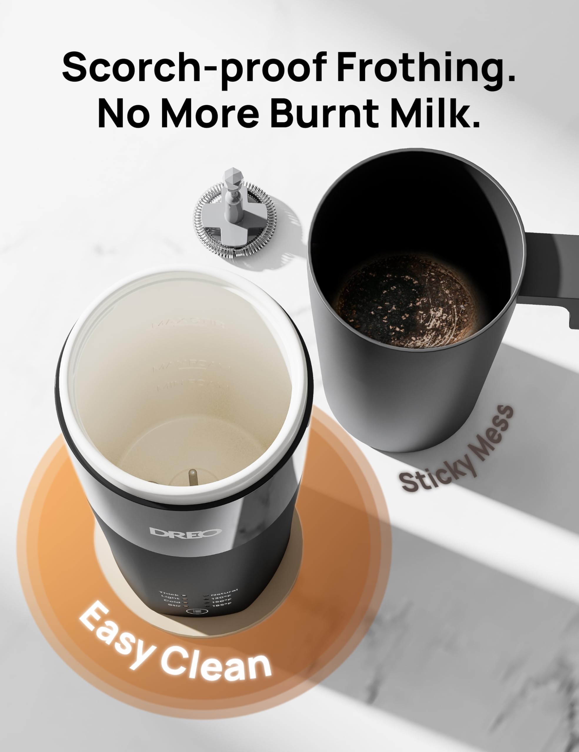Dreo Milk Frother, 4-in-1 Electric Frother for Coffee, Hot and Cold Foam Maker for Cappuccino, Flat-white, Latte with Plant-based and Dairy Milk, Multi-stage, Easy to Clean, Temperature Control, Black