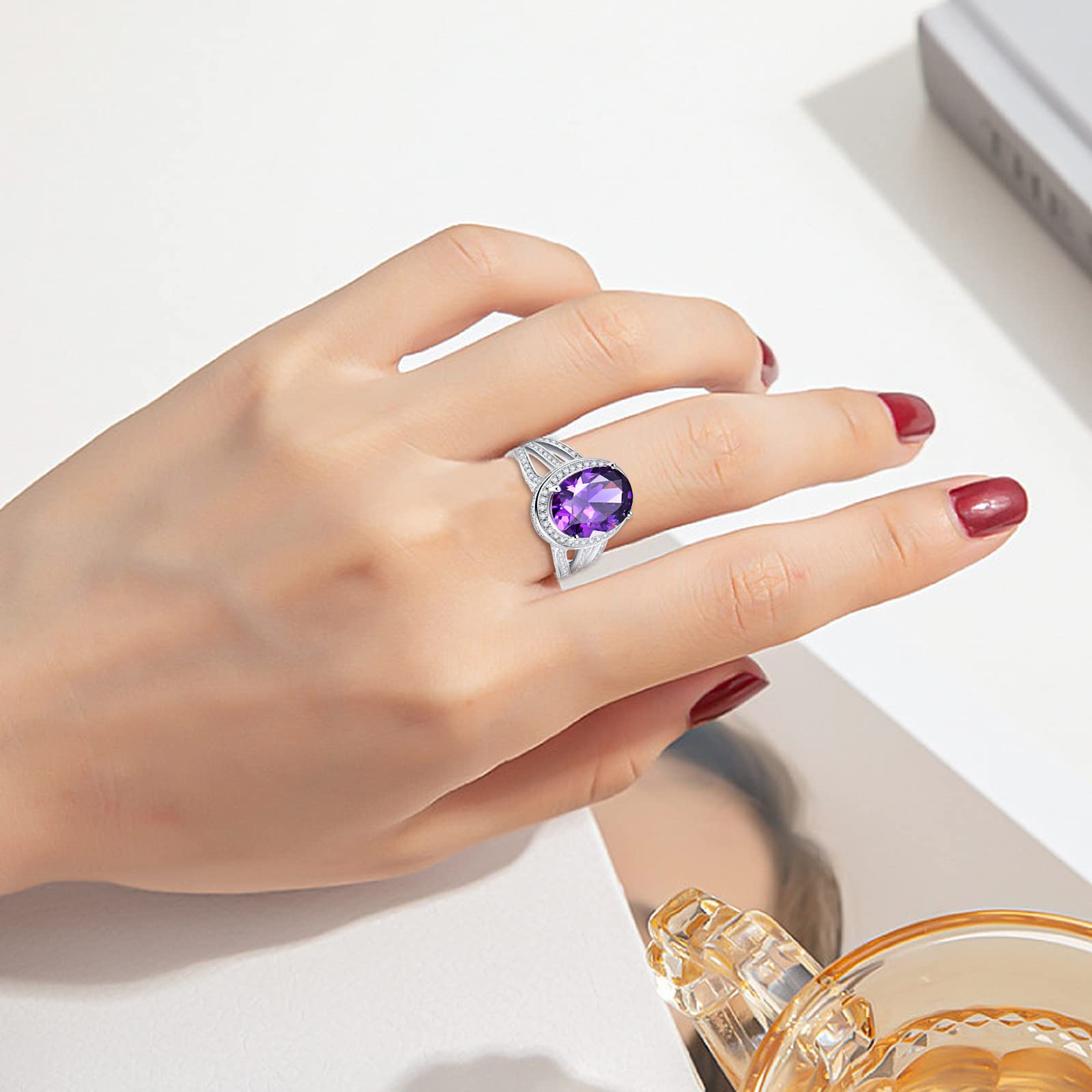 BONLAVIE 10.2ct 10x14mm Oval Cut Created Purple Amethyst Ring Paved White Cubic Zirconia 925 Sterling Silver Engagement Ring Wedding Bands Ring for Women Size 7