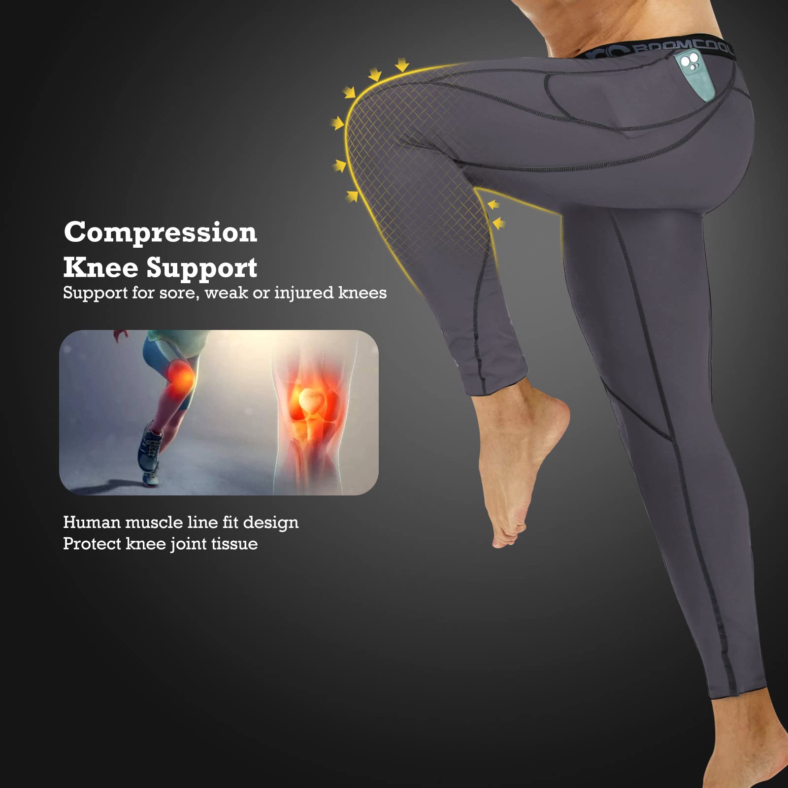 BOOMCOOL Men's Compression Pants with Pockets, Men's Running Tights Leggings Workout Dry Baselayer Gym Athletic Yoga Pants