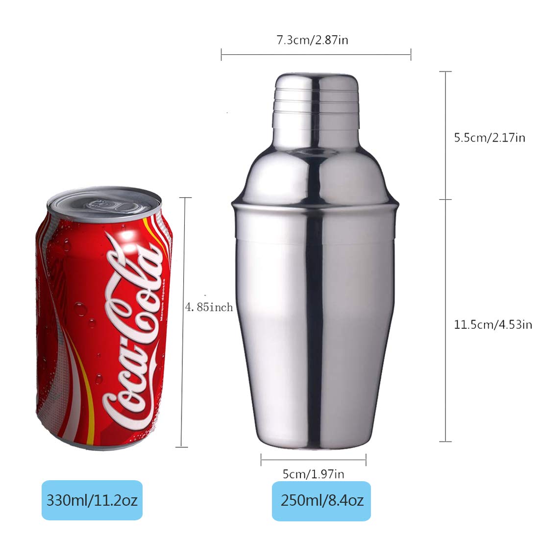 Delidge Small Cocktail Shaker Mini Martini Shaker Stainless Steel Drink Shaker with Strainer and Lid Top, Single Martini(250ml+350ml)
