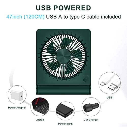 Bizzib Portable Fan, Mini USB Desk Fan 3-Speed Adjustable Desk Cooling Fan, Rotation Strong Wind, Hand Held Hanging Desk Quiet Personal Fan for Camping Home Desktop Office Indoor Table Outdoors-Green