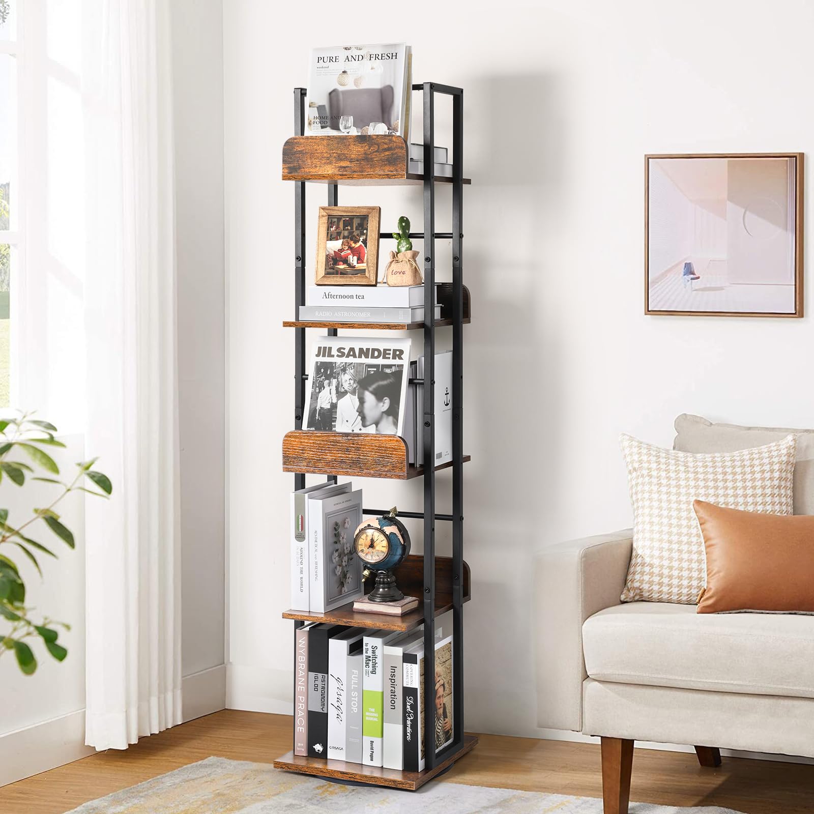 Bikoney Bookshelves 5-Tier, Rotating Bookshelf Tower for Corner, Small Bookcase, Tall Industrial Bookshelf, Narrow Bookshelf, Wood and Metal Black