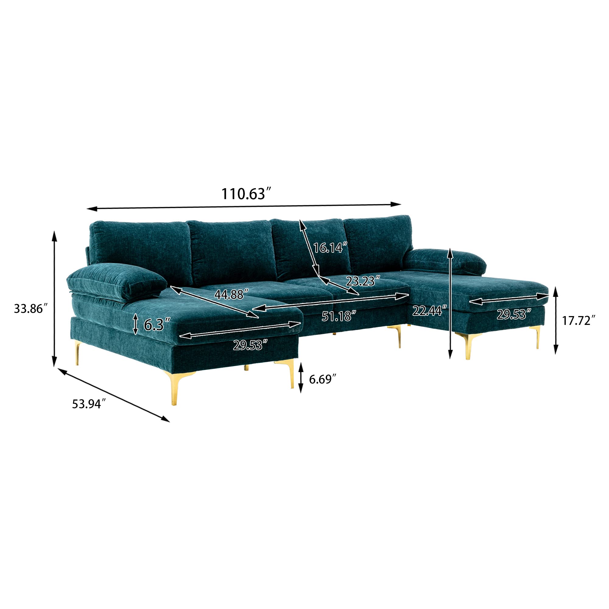 Pvillez Modern Sectional Sofa with Double Chaise Large Convertible Couches Chenille U-Shape Couch with Rolled Arms and Golden Legs Oversize Yellow Sofa for Living Room Comfortable Modular Sofa