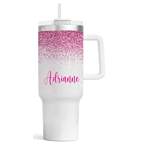 Personalized 40oz Tumbler With Handle and straw | Stainless Steel Insulated Tumbler | Travel Cup | Double Wall Coffee Cup for Hot and Cold Drinks | Teal Glitter Effect with Name