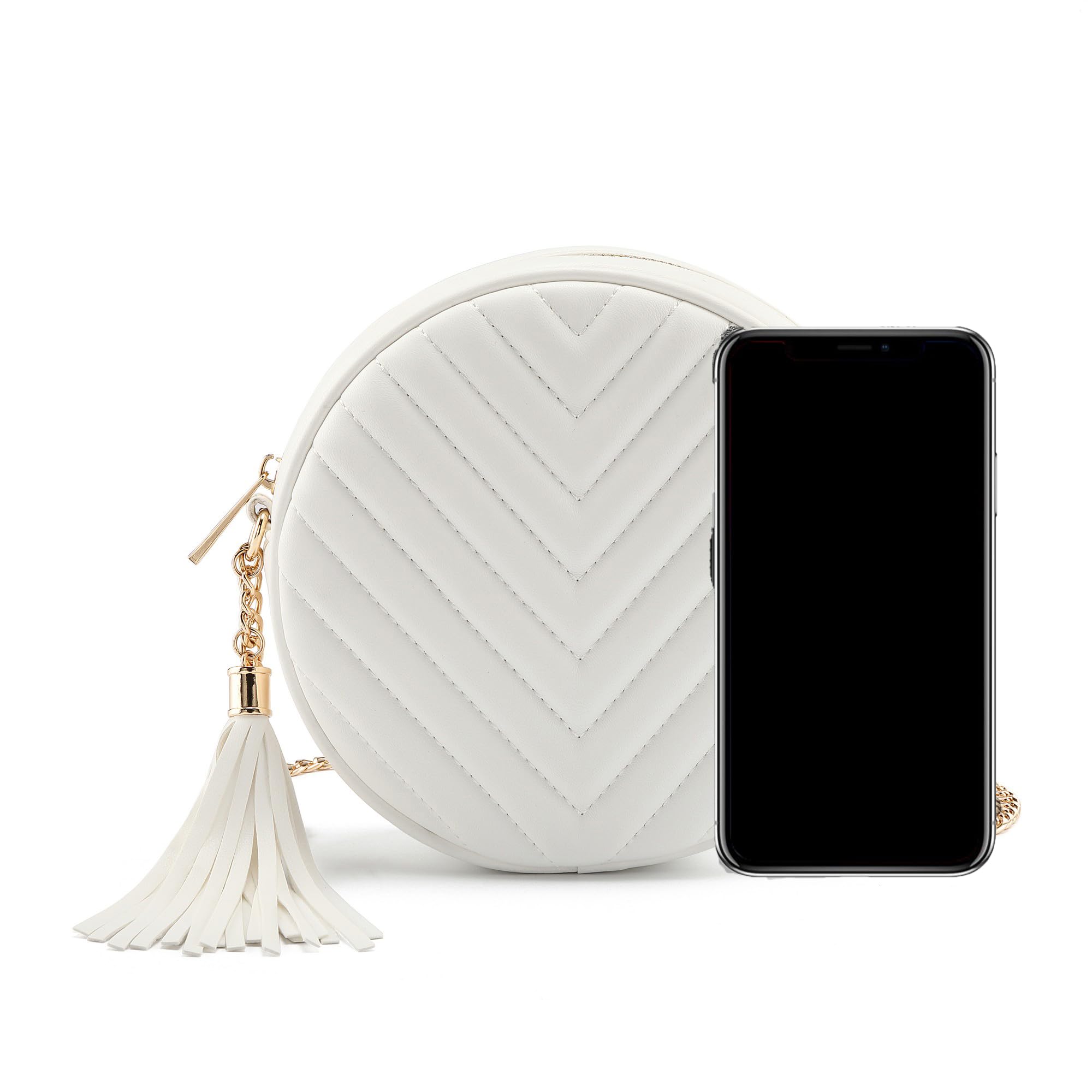 CHIC DIARY Small Crossbody Bags for Women Round Quilted Purse with Tassel Faxu Leather Shoulder bag (White)