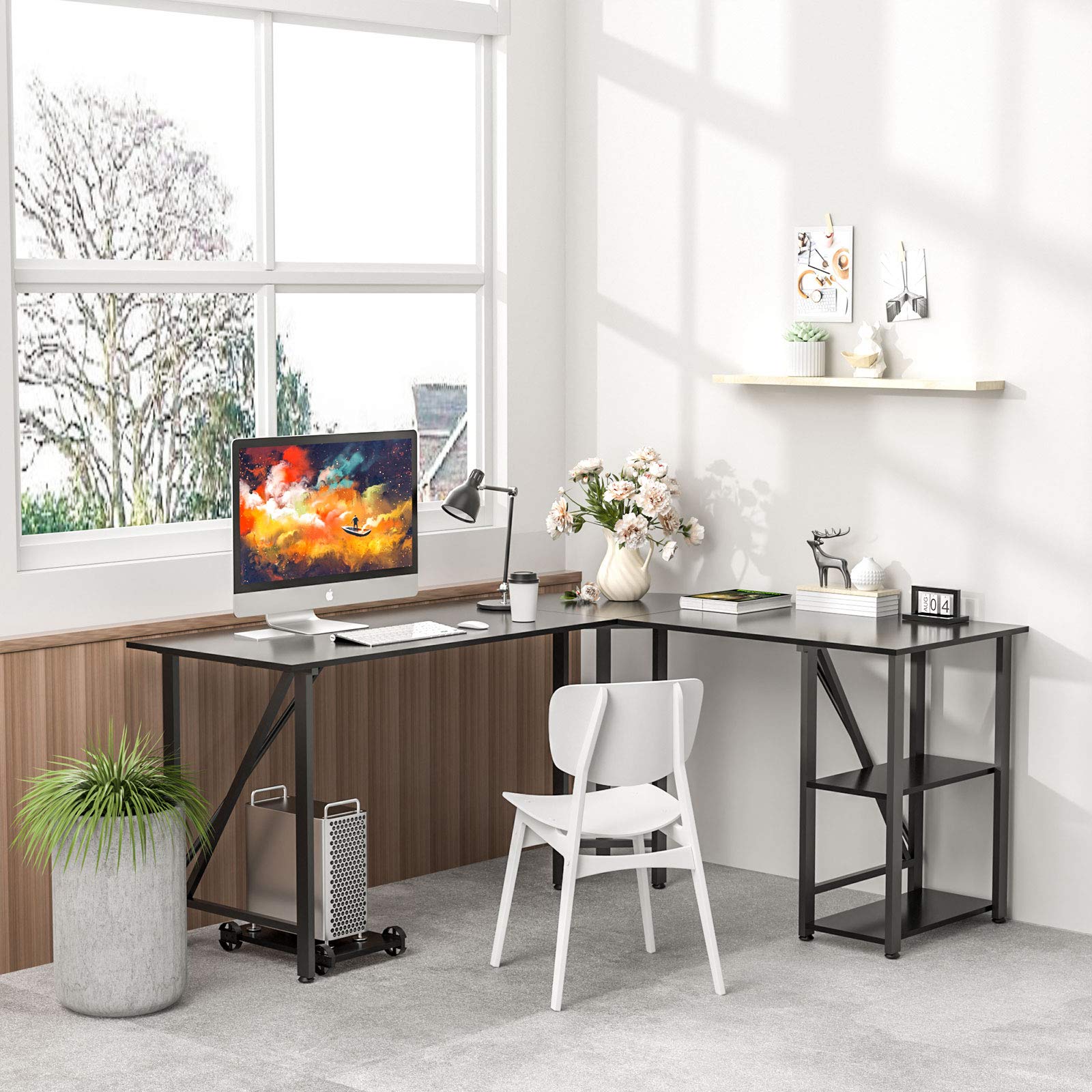 Bizzoelife 59"x55" Large L Shaped Corner Table Computer Desk, Home Office PC Laptop Gaming Desks with CPU Stand and Storage Shelf, Wood & Steel Study Writing Workstation for Space-Saving (All Rustic)