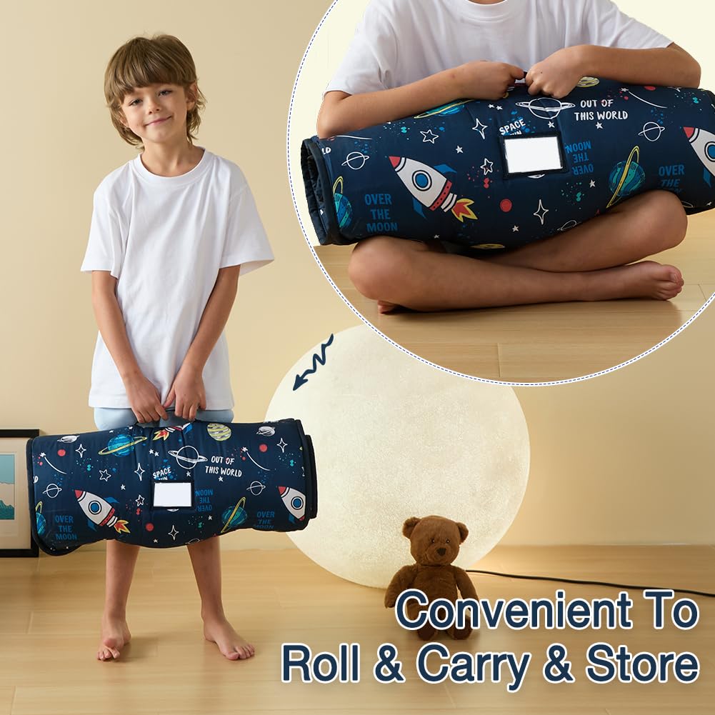 beeweed Toddler Nap Mat, Rollup Design Kid Sleeping Mat with Removable Pillow & Minky Blanket, Toddler Sleeping Bag for Daycare Preschool Travel Camping, Space Ship