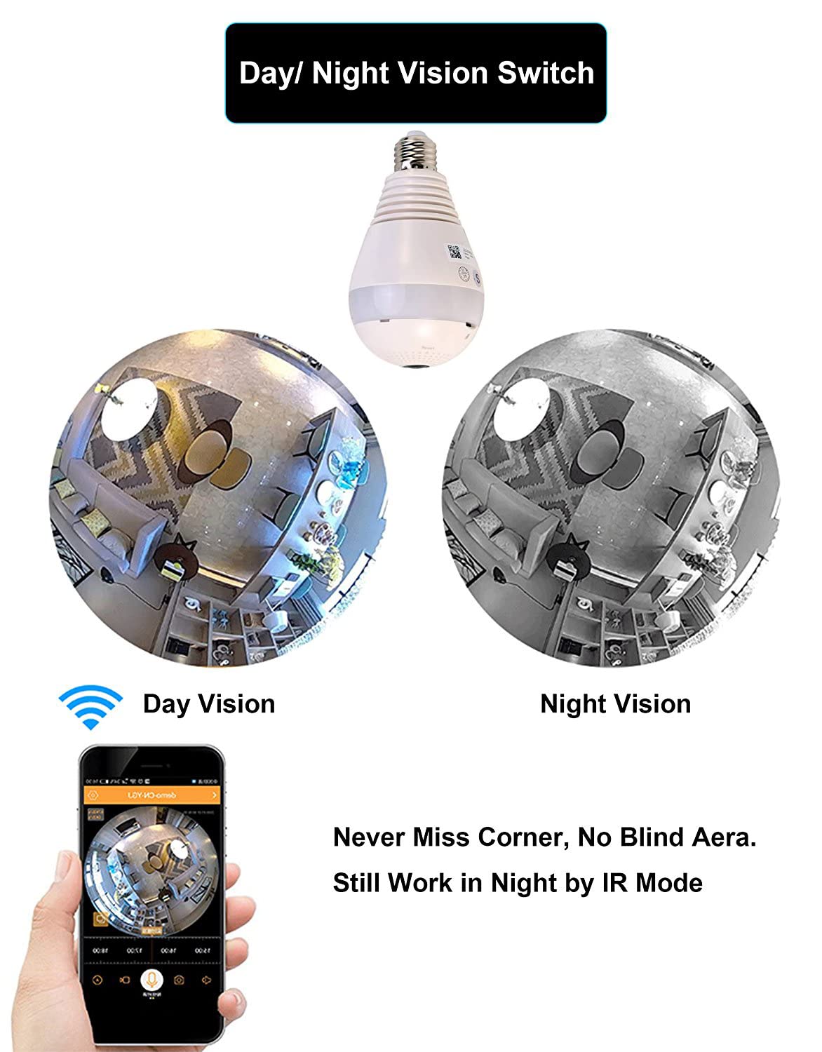 bluedery Light Bulb Camera, 360 Degree Panoramic IP Camera 1080P Fisheye Wireless Security Camera with IR Night Vision, Two-Way Audio, Motion Detection