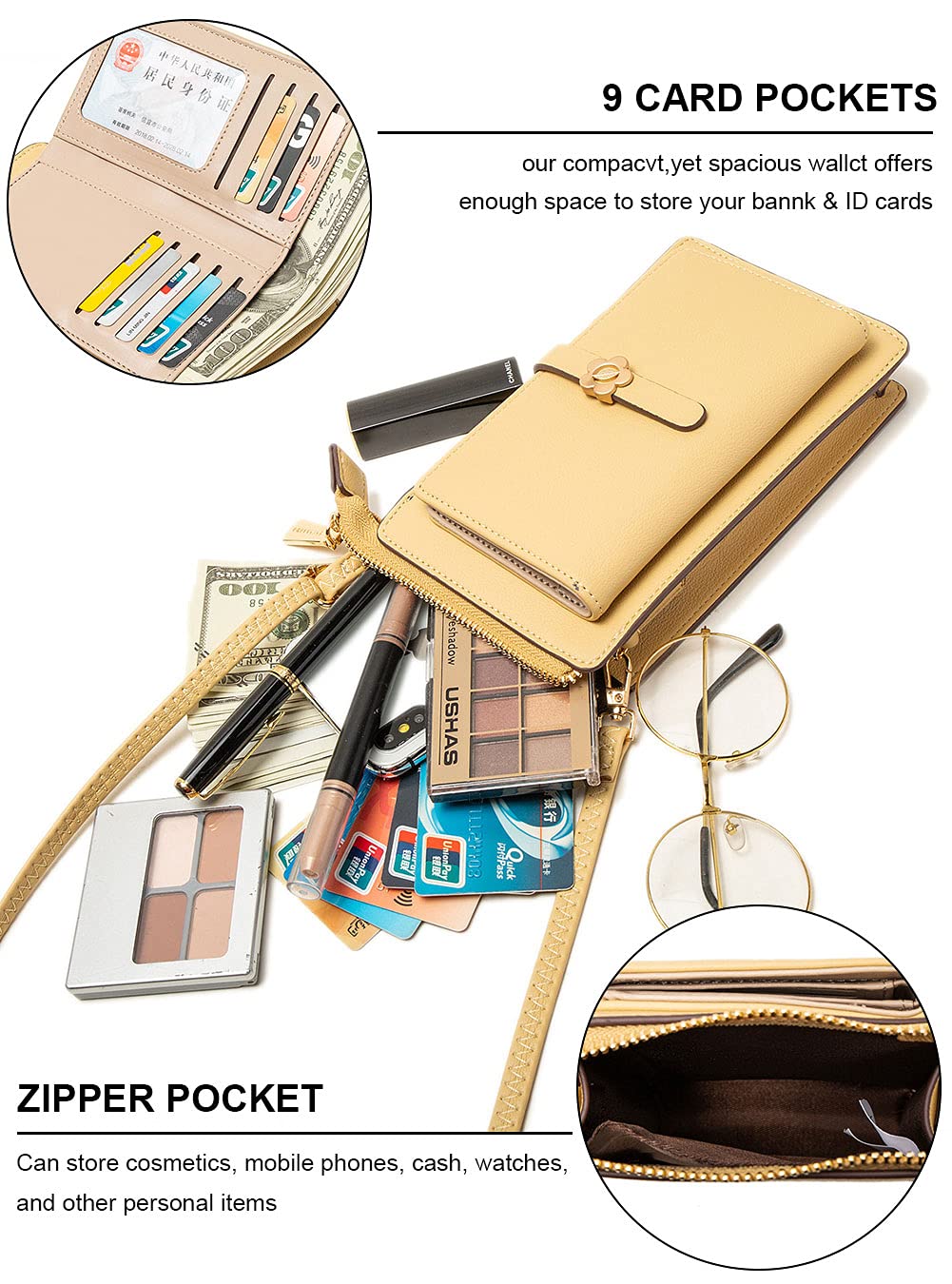 VEVESMUNDO Touchscreen Purse Wallet Zipper Holder Bag with Clear Touch Screen Phone Window (Black)