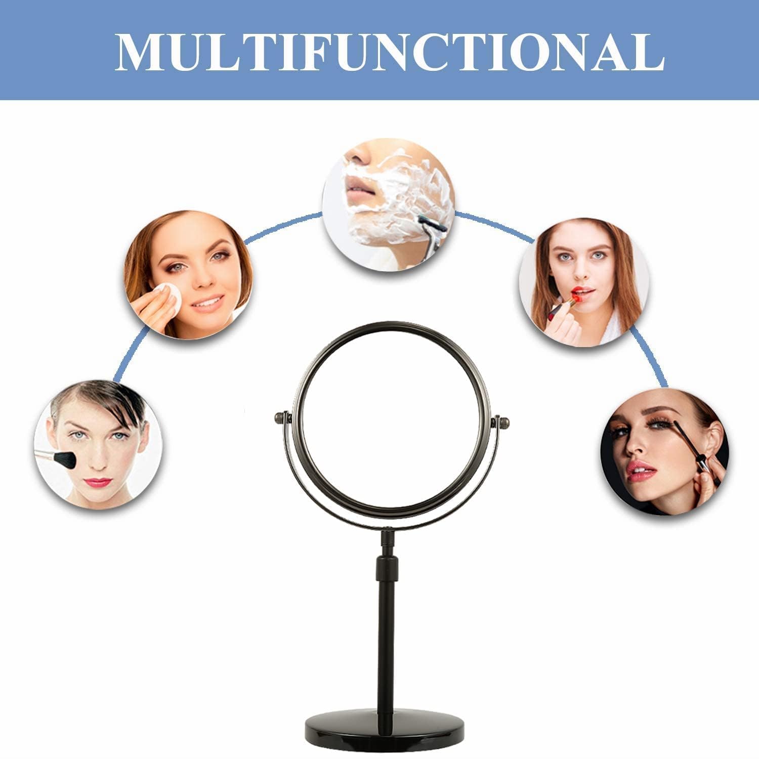 HIHIA Height Adjustable Makeup Mirror 8 Inch Double-Sided 7X Magnification, Black Magnifying Makeup Mirror Round Tabletop Mirror Tall, Countertop Standing Cosmetics Black Finish