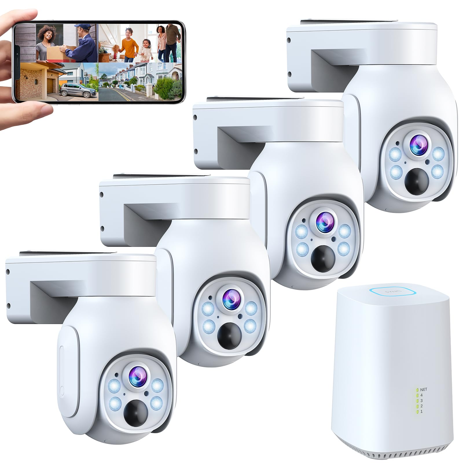 Camcamp PTZ Security Cameras Wireless Outdoor, 4PCS 4MP Wireless Battery Security Camera System with Spotlight & Siren Alarm, 2-Way Audio, Color Night Vision, Human Detection for Home Security, IP66