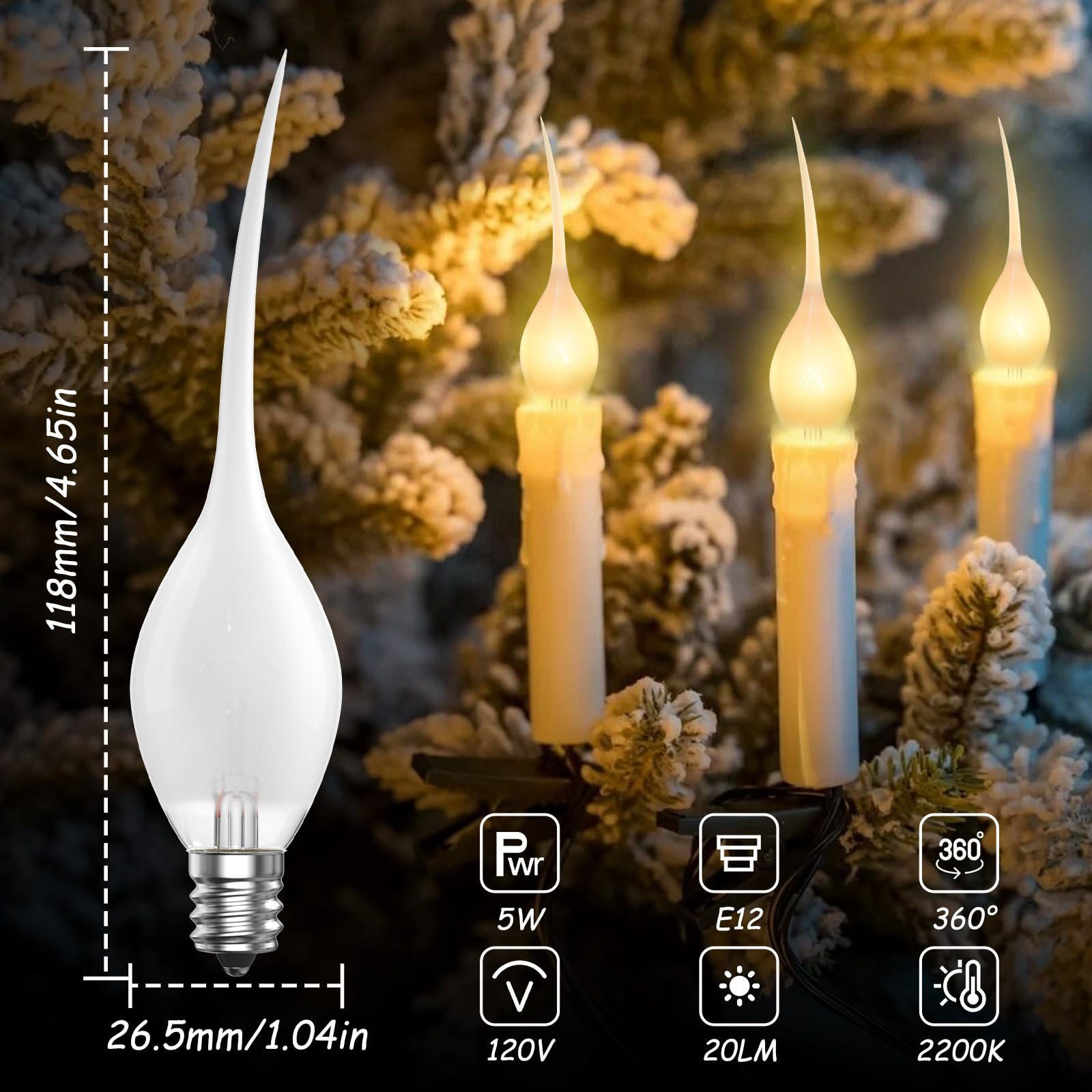DoRight Silicone Dipped Candle Light Bulbs, 5 Watt Flame Light Bulbs, C7/E12 Candelabra Base Silicone Light Bulbs for Electric Window Candles Lamps, Chandeliers, Christmas Night Lights, 120V 12-Pack