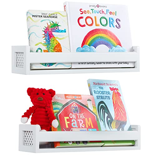 Satauko Wall Mount Book Shelf Organizer for Nursery Room, White Floating Shelves Set of 2 for Kitchen Spice Rack, Wooden Shelves Storage for Bathroom Decor, Entryway, Kids' Room Organized.