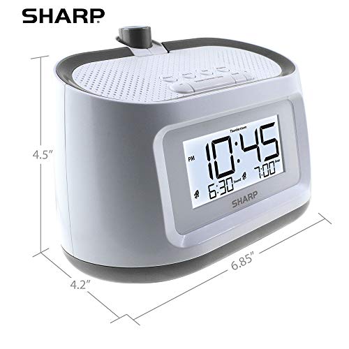 SHARP Projection Alarm Clock with Soothing Nature Sleep Sounds β Easy to Read Projection on Wall or Ceiling β 8 Sleep Sounds to Help Fall Asleep Faster, White Case with Gunmetal Trim
