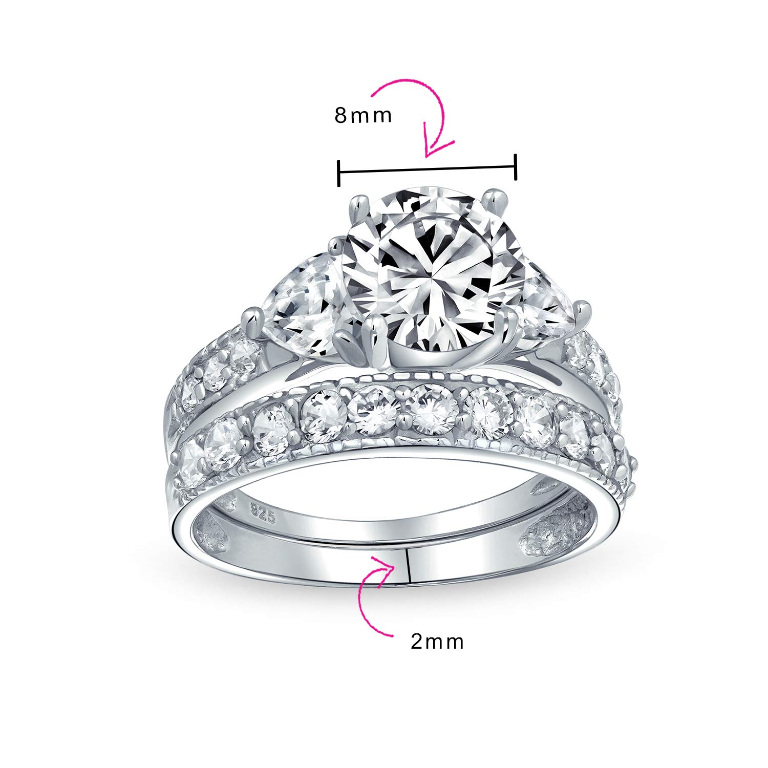 Bling Jewelry 3CT Brilliant Solitaire Cubic Zirconia .925 Sterling Silver AAA CZ Anniversary Wedding Engagement Ring Pave Band Set