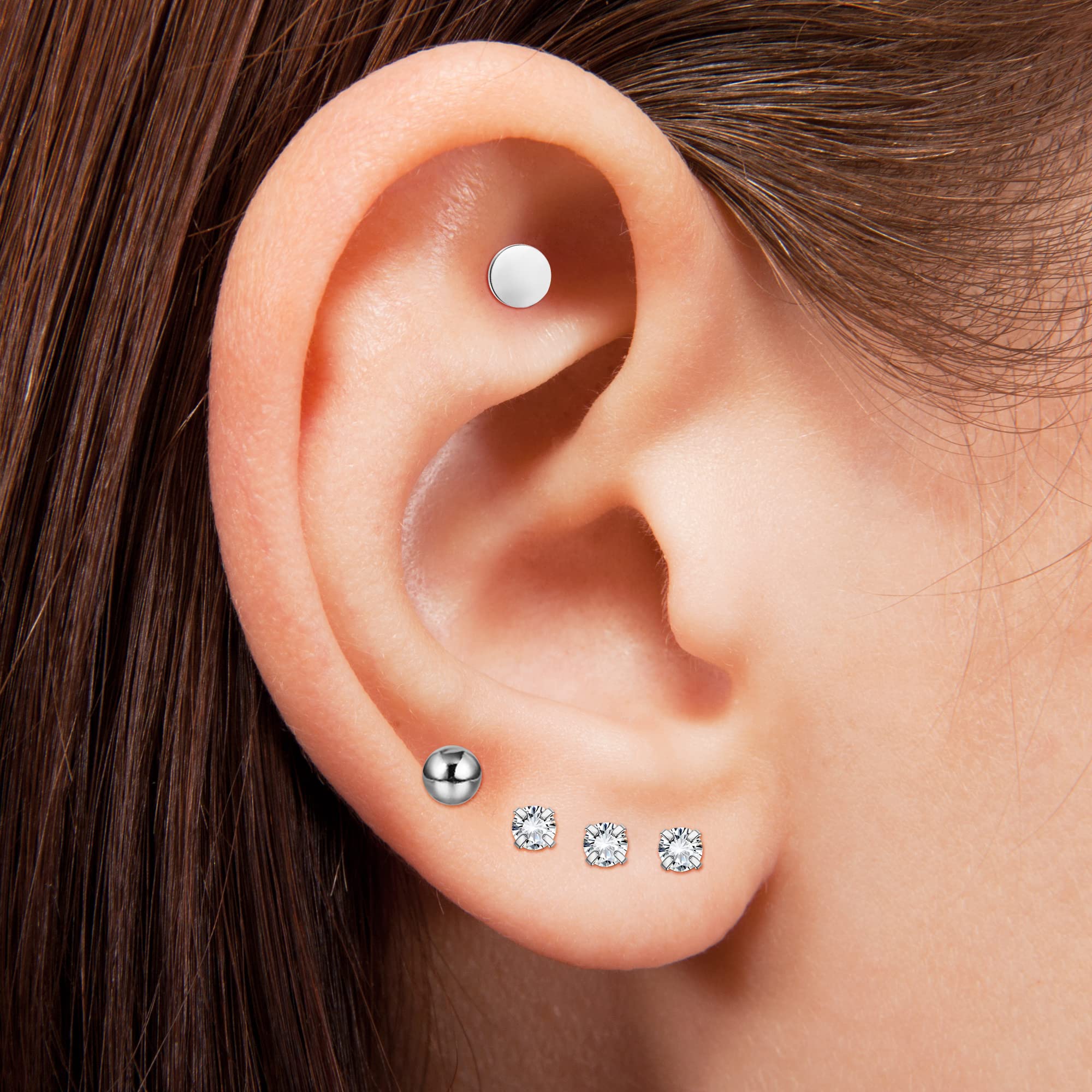 Cartilage Earring MUSECLOUD 925 Sterling Silver Flat Back Earrings For Women Men Cubic Zirconia Earrings Studs Ear Piercing Small Screw Back Earrings Set (2MM CZ, 3MM Ball)