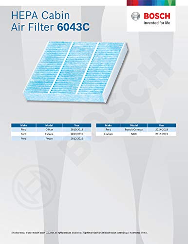 BOSCH 6043C HEPA Cabin Air Filter - Compatible With Select Ford C-Max, Escape, Focus, GT, Transit Connect, Lincoln MKC