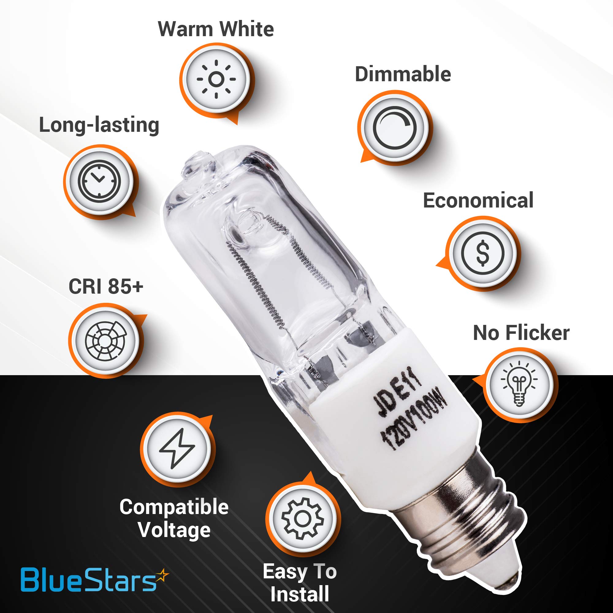 BlueStars Premium JDE11 120V 100W Light Bulbs E11 T4 Halogen 1600lm 2800K Dimmable Warm White Base T4 Mini Candelabra - Pack of 3