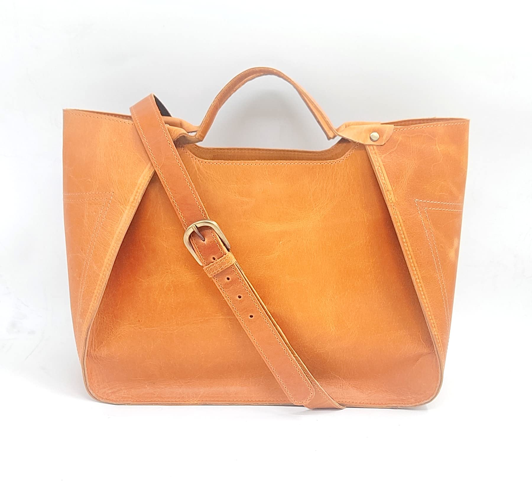 Genuine Full Grain Leather Shoulder Tote Bag for Women (Tan)