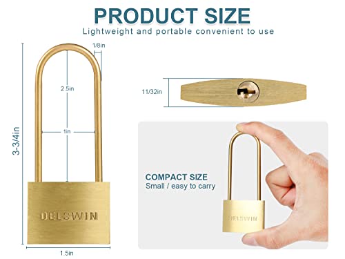 DELSWIN Keyed-Alike Solid Brass Padlock - Small Pad Locks with Same Key Weatherproof Long Shackle Lock for School Gym Locker and Tool Box, Pack of 2