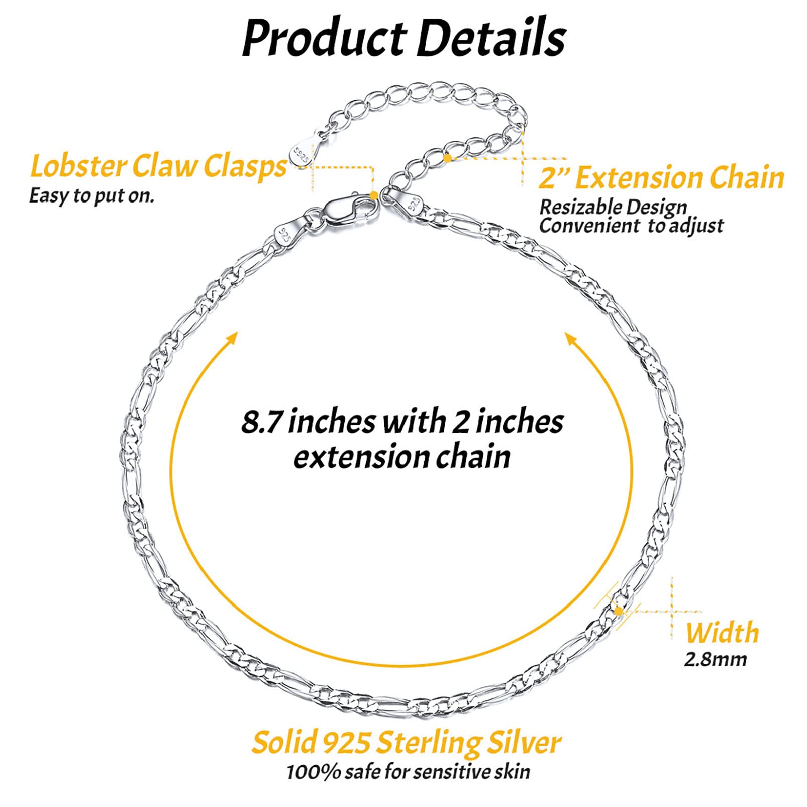 ChicSilver 2.8mm Figaro Chain Anklet 925 Sterling Silver Ankle Bracelets for Women Simple Dainty Waterproof Anklet Womens Anklets Jewelry for Beach Gifts for Mom