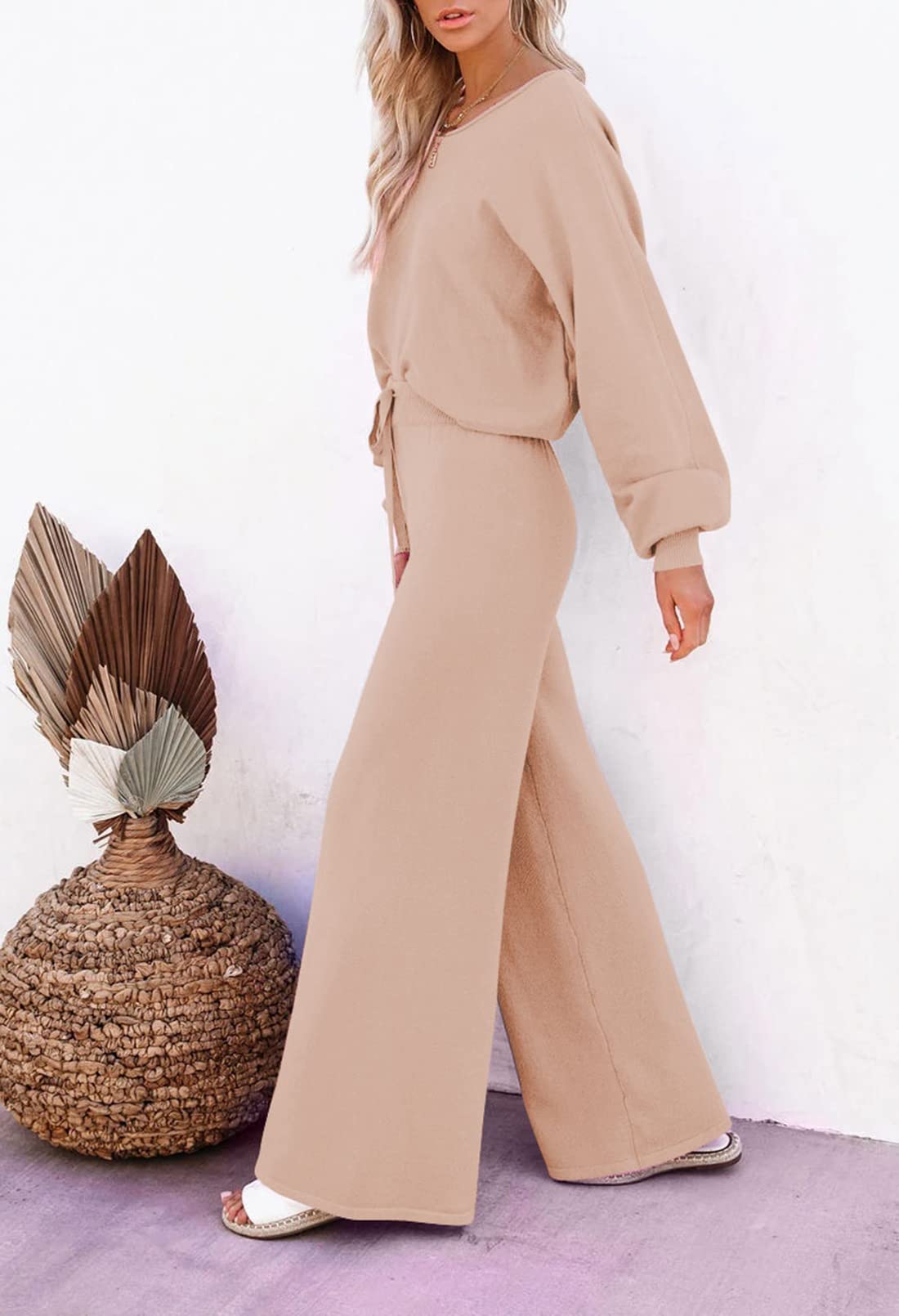 Ceuplon Women’s Two Piece Outfits Long Sleeve Knit Top Wide Leg Pants Sweatsuit Loungewear Sweater Set Beige M