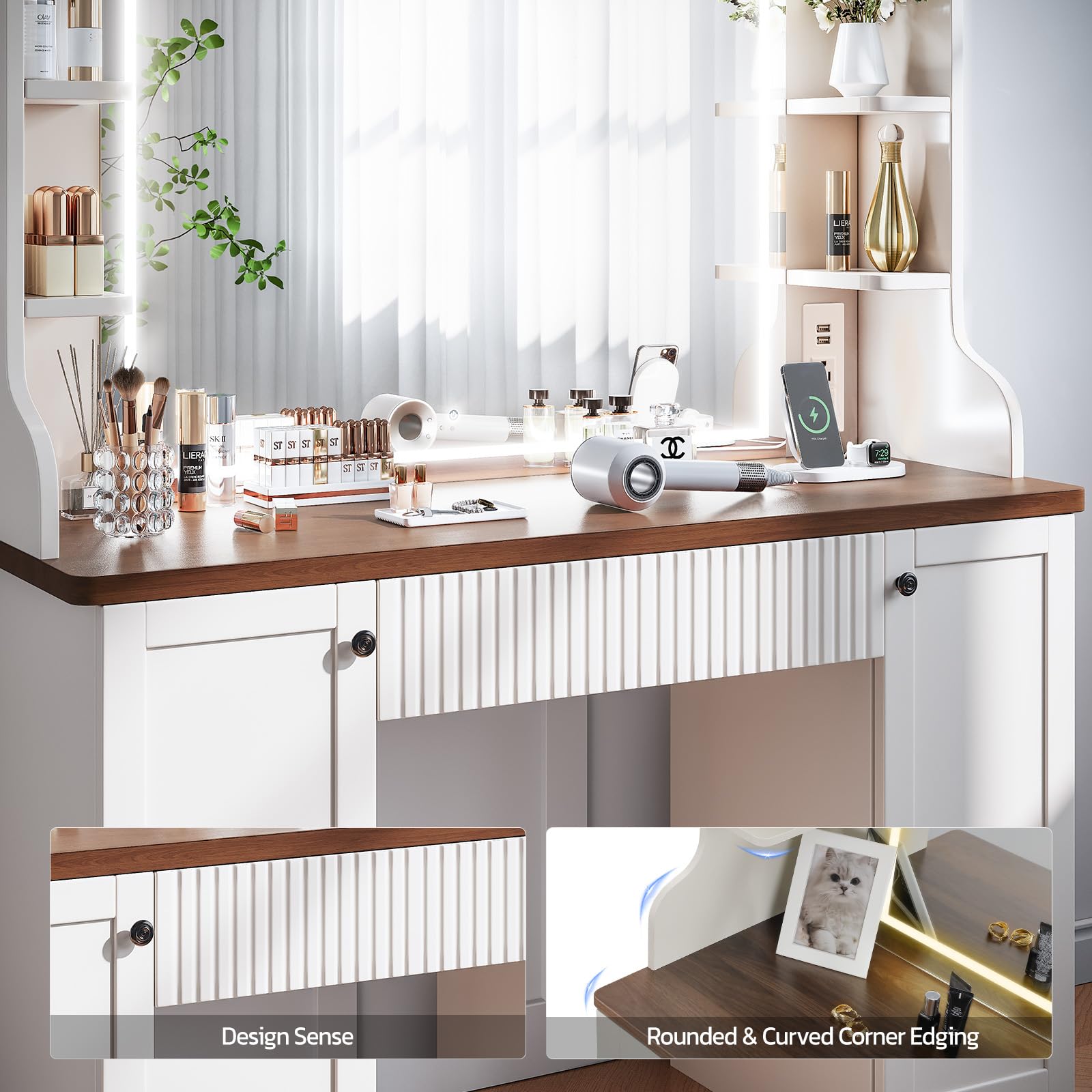 Dripex Makeup Vanity Desk with Mirror and Lights LED Makeup Table with Drawer, Cabinets, Power Strip, for Bedroom Dressing Table - White