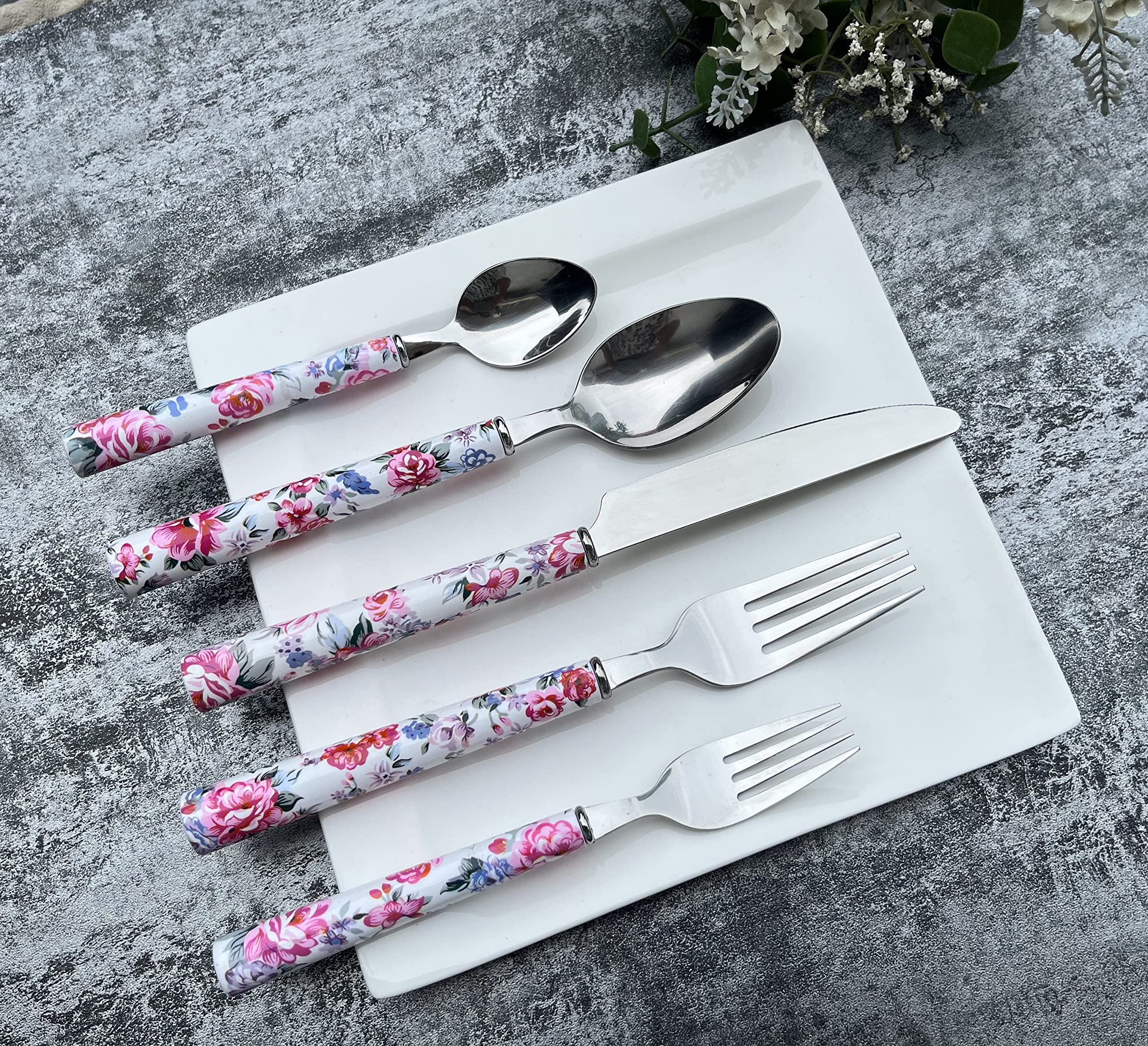 Elegant Peony Flower 20-Piece Flatware Set, Service for 4, Stainless Steel Cutlery Silverware Set for Home Wedding