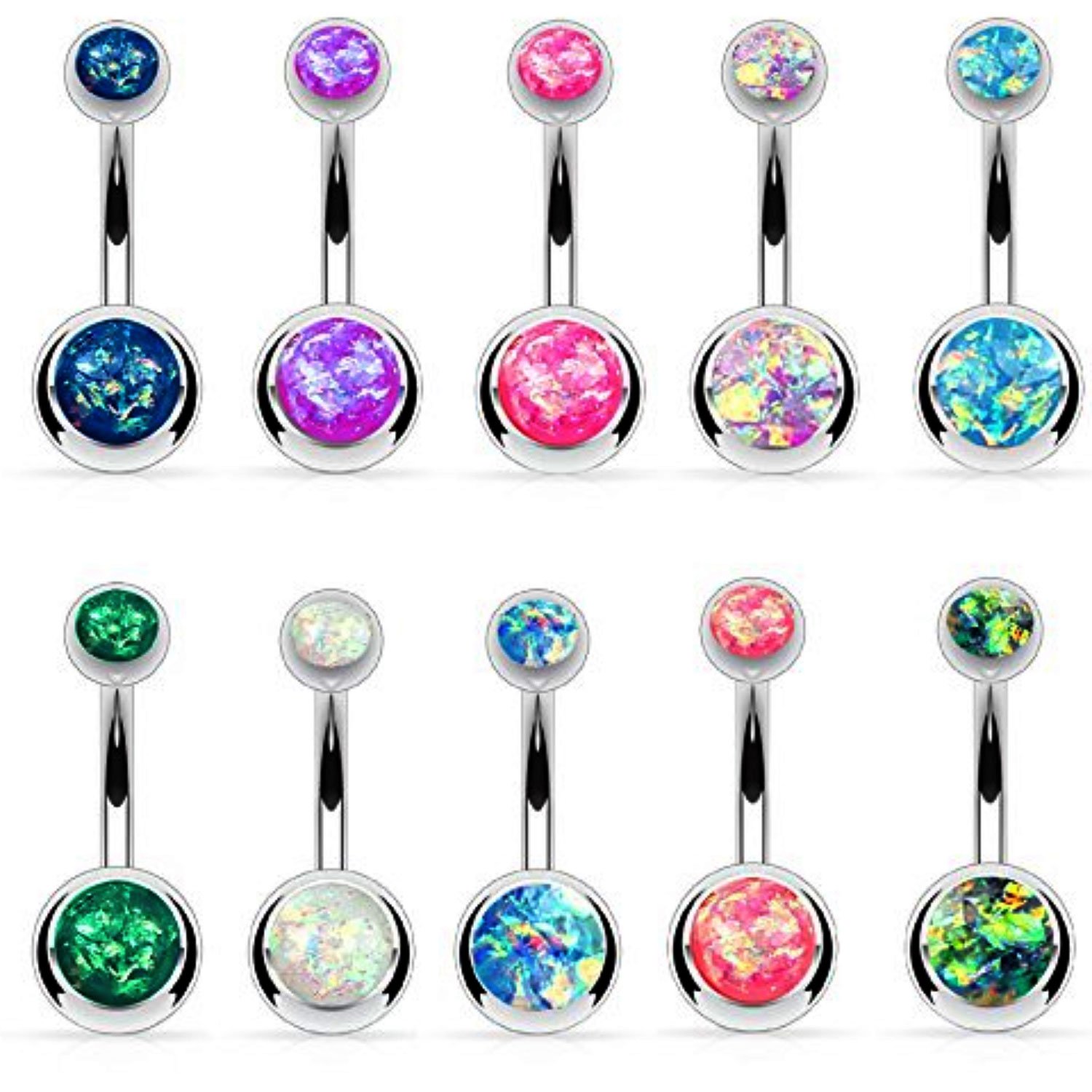 BodyJ4You 15 Belly Button Rings Dangle Barbells 14G Steel Created-Opal Navel Body Jewelry