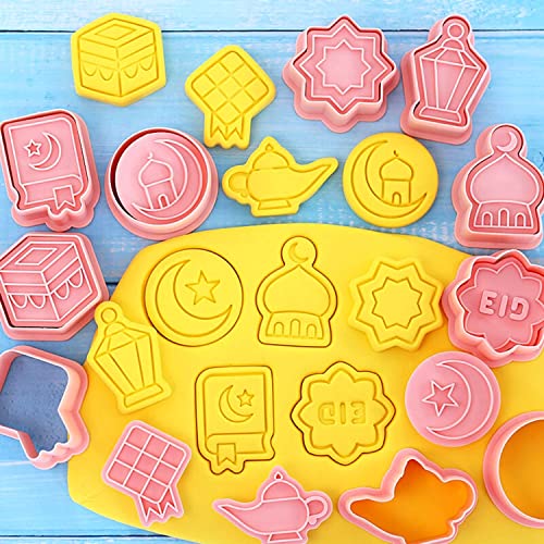 Eid Mubarak Cookie Cutters 10 Pieces Plastic Cookie Cutter Set for Baking -Mosque,Lantern,Anise Star,Church,Koran Book, Fasting Room,Moon and Stars,Malay Dumplings and More