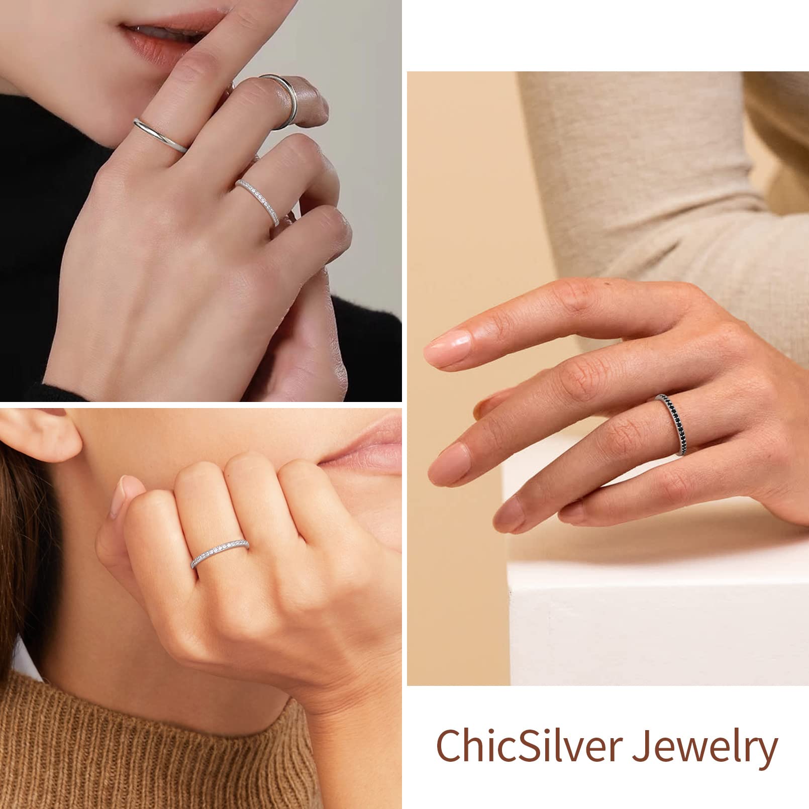 ChicSilver 2MM Thin Band CZ Eternity Ring 925 Sterling Silver Black Cubic Zirconia Engagement Wedding Ring for Women Size 5