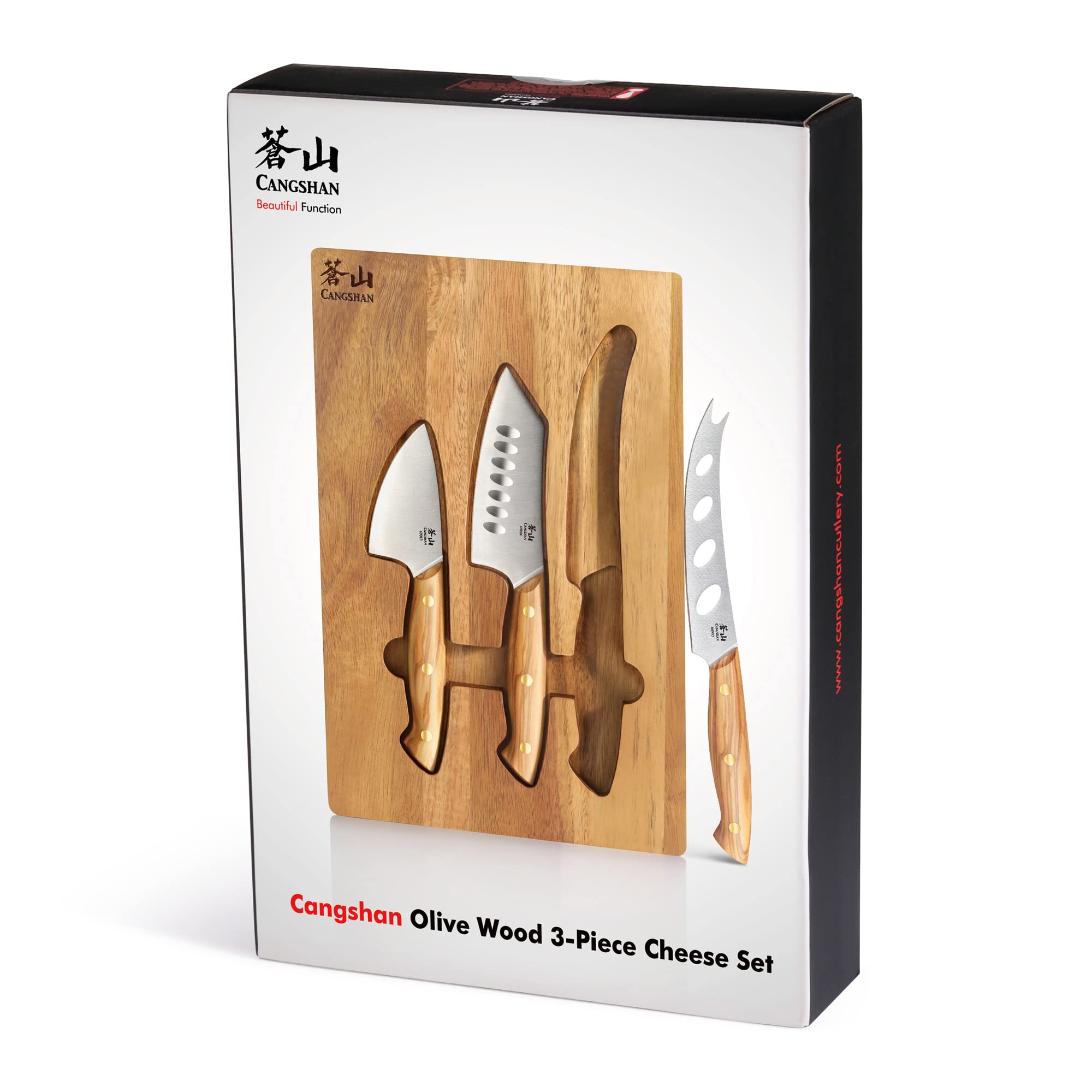 Cangshan 1027327 3-Piece Olive Wood Cheese Knife Set with Acacia Cheese Board