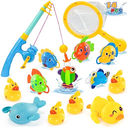 Shindel Bath Toys for Toddler, 14PCS Fishing Wind-up Bath Toys Yellow Duck Toys Bath Time Bathtub Toys for Toddlers Baby Kids Infant Girls Boys Bathroom for Age of 18 Months and up