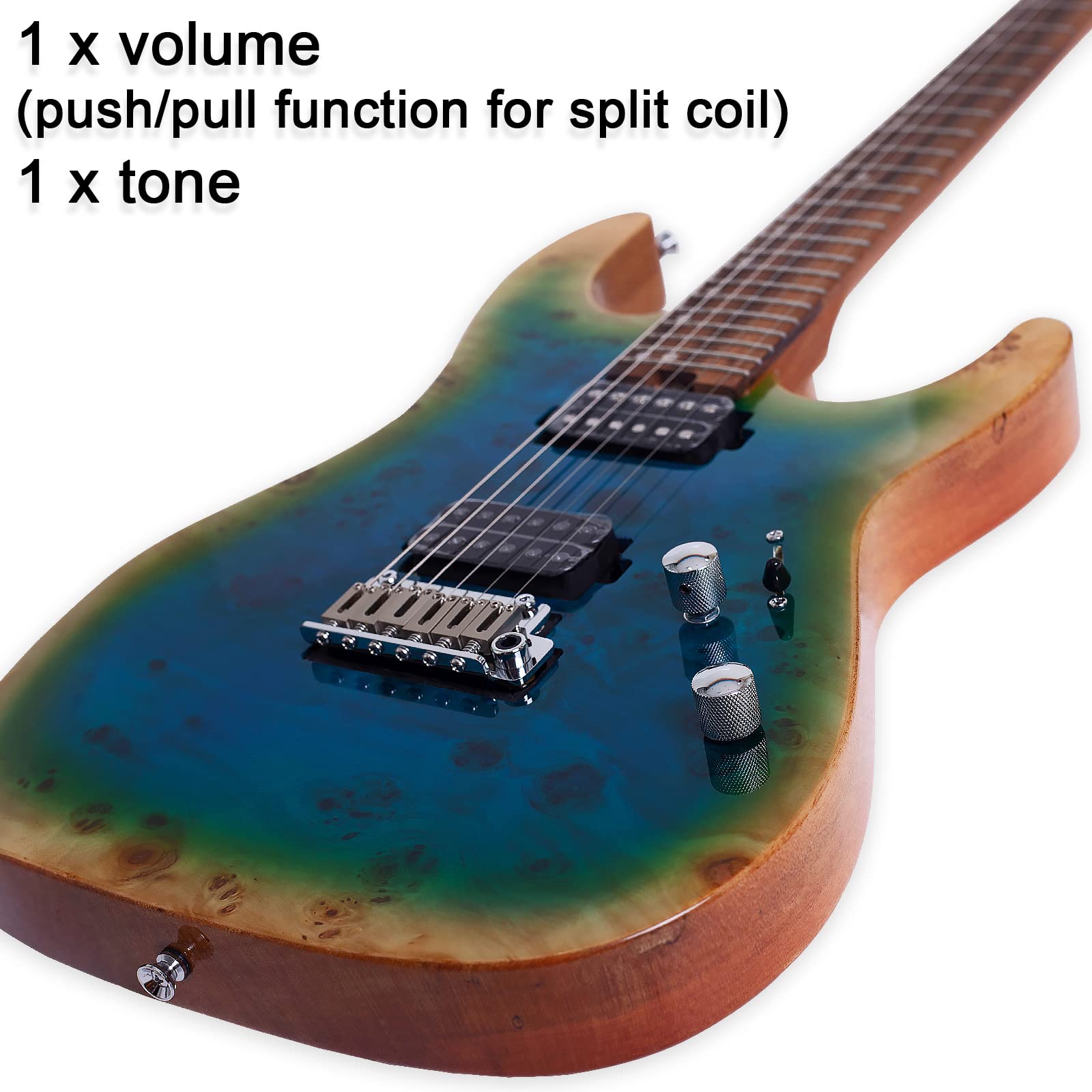 Boya&Ziqi BZK-024 Electric Guitar, Stainless Steel Frets (Hand Polished), Push-Pull Volume Control,5 Piece Roasted Maple/Maple Neck,Mahogany Body Topped with Burl Venner (Summer Ocean, Right)