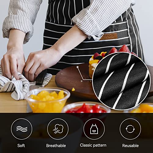 Riqiaqia 2 Pack Kitchen Cooking Aprons, Soft Cotton Apron with 2 Pockets for Women Men Chef (Black Stripes,2)