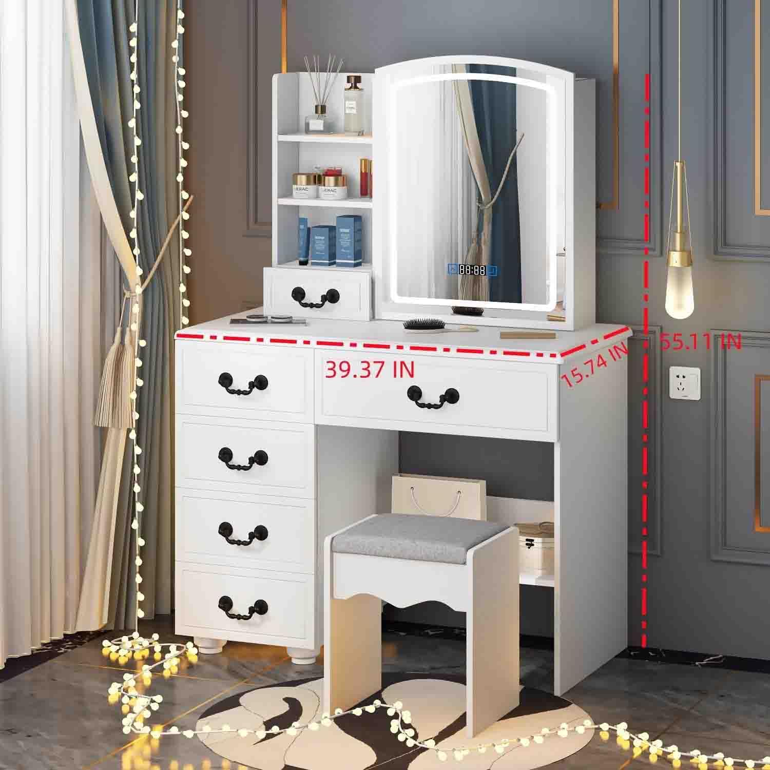 BJYXO Vanity Dressing Table with & time Display Sliding Lighted Mirror, Makeup Vanity Dressing Table with Touch Light 3 Color Lighting Modes Adjustable Brightness for Girls Women