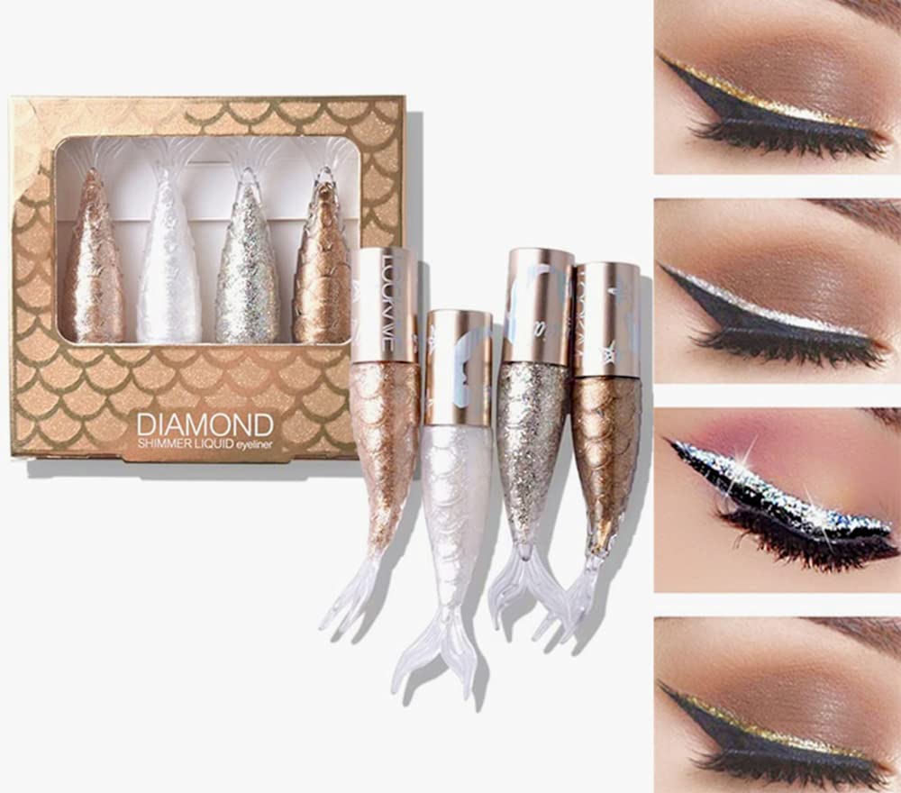Go Ho 4 Colors Liquid Glitter Eyeliner,Shiny White Eyeliner,Metallic Shimmer Sliver Eyeshadow liner,High Pigment Colored Eyeliner Sticker Long Lasting Sparkling Eyeliner Makeup(Style A)