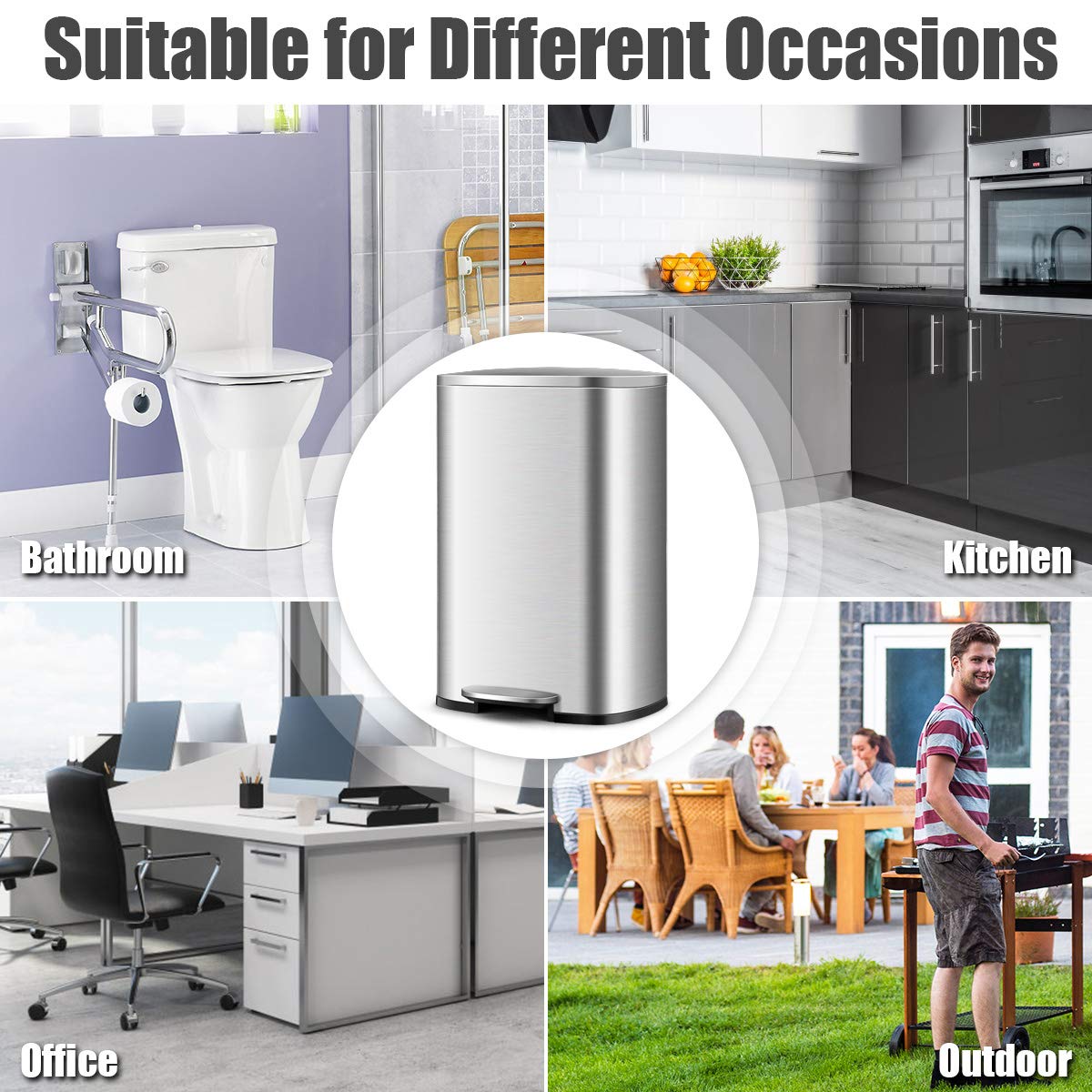 Goplus 13.2 Gallon/ 50 L Kitchen Trash Can, Anti-Fingerprint Touchless Waste Bin with Soft-Closing & Stay Open, Step-On Stainless Steel Garbage Can for Living Room Home Office