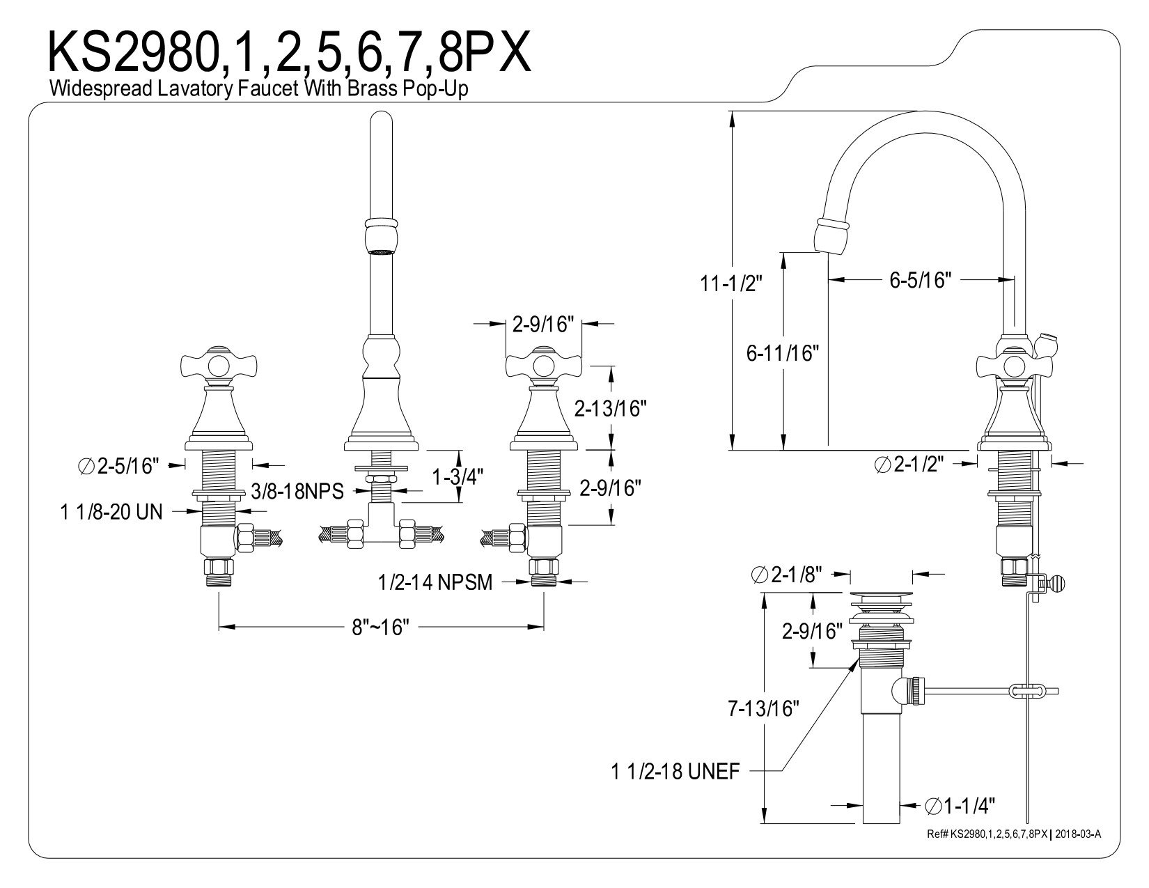Elements of Design Nuvo Elements of Design ES2985PX Madison 2-Handle 8" to 16" Widespread Lavatory Faucet with Brass Pop-Up, 6-1/2", Oil Rubbed Bronze